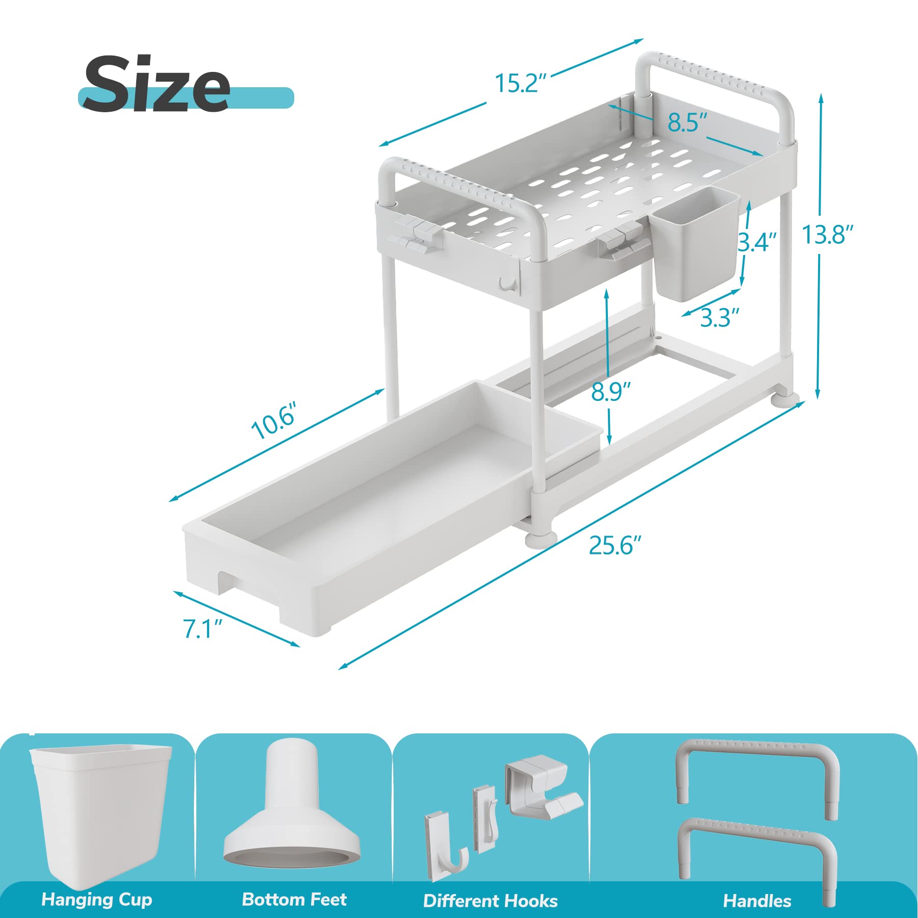 DAILOU Under Sink Organizers and Storage 2 Pack, Bathroom Cabinet Organizer with Sliding Drawers, 2 Tier Kitchen Under Cabinet Storage with Handles, Hooks and Hanging Cup (White)