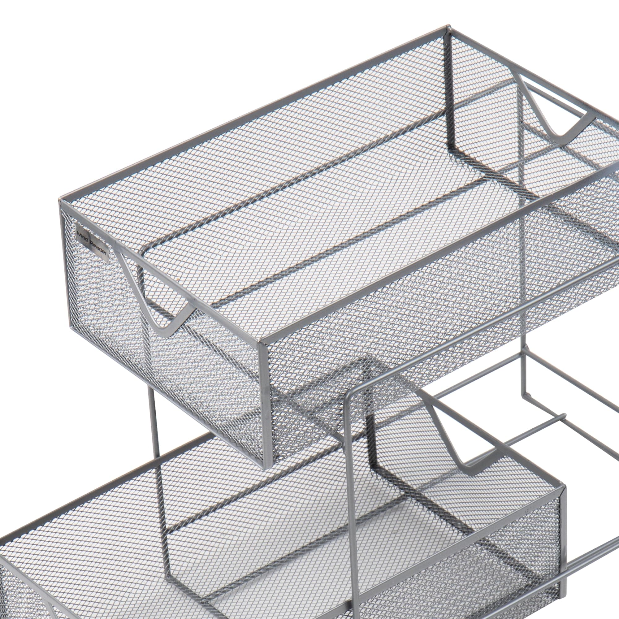 Mind Reader Network Collection, 2-Tier Sliding Basket Storage Kitchen, Desk, Makeup, Cabinet Organizer, Metal Mesh, Set of 2, 2-Pack, Silver