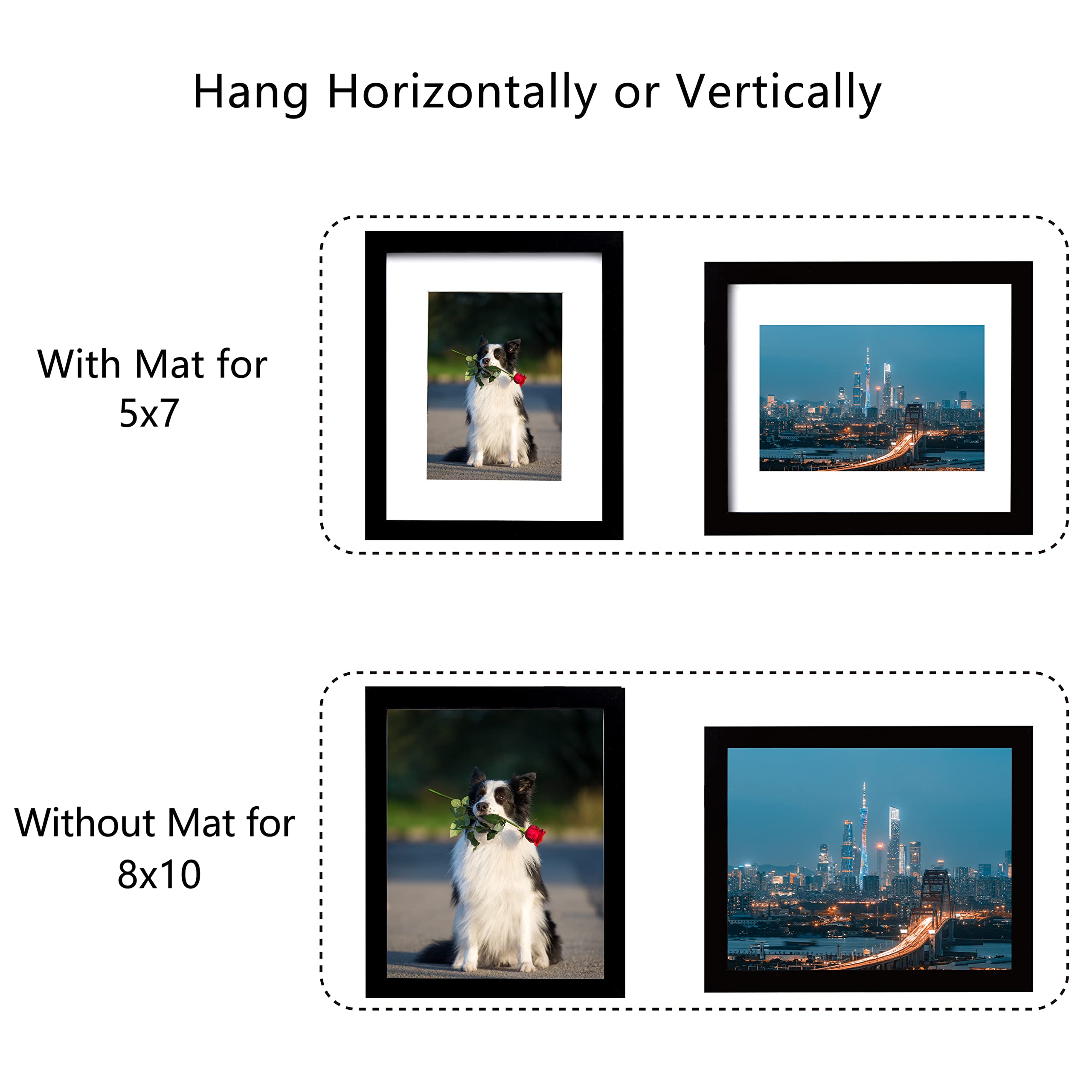 PEALSN 8x10 Picture Frame Set of 2, Made of High Definition Real Glass, Display 5x7 with Mat or 8x10 Without Mat, Photo Frames for Wall Mounting or Table Top Display, Black