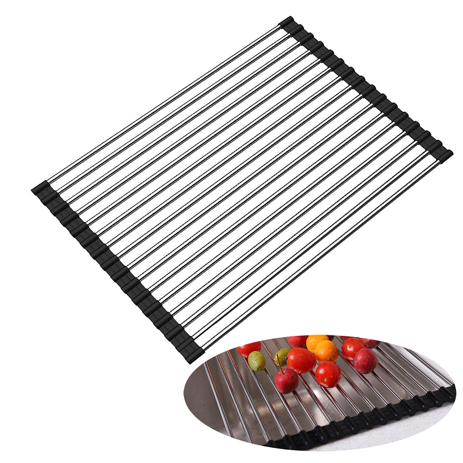 AAKitchen Over the Sink Roll-Up Dish Drying Rack SUS304 Stainless Still Dish Rack Foldable Multi-Use Kitchen Sink Dish Drainers, Drying/Draining/Trivet (Black)