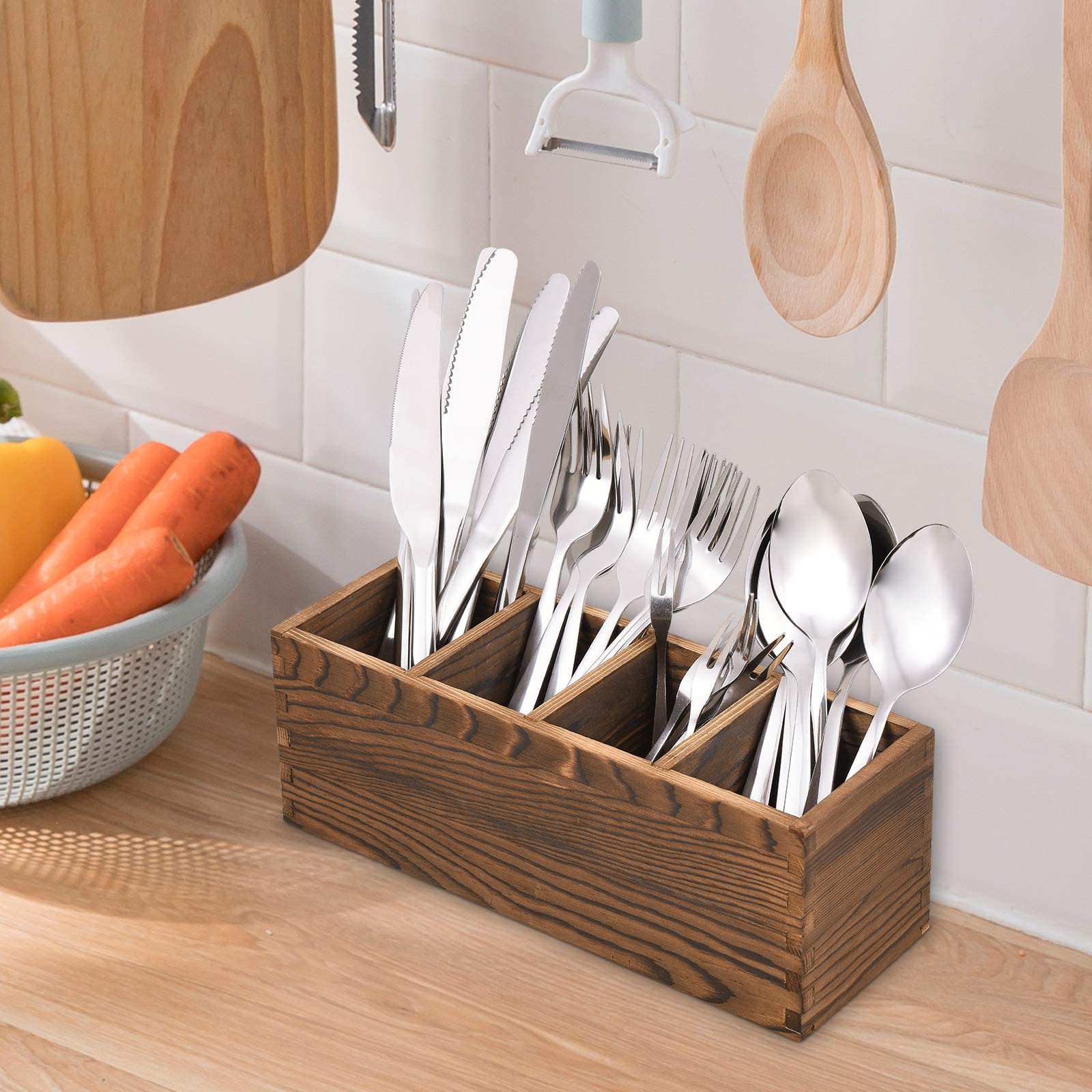 ALL Music-box Wooden Silverware Caddy, Kitchen Utensil Holder with 4 Adjustable Compartments, Silverware Storage Kitchen Flatware Caddy