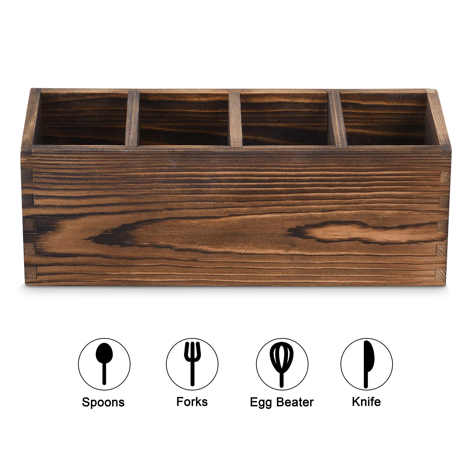 ALL Music-box Wooden Silverware Caddy, Kitchen Utensil Holder with 4 Adjustable Compartments, Silverware Storage Kitchen Flatware Caddy