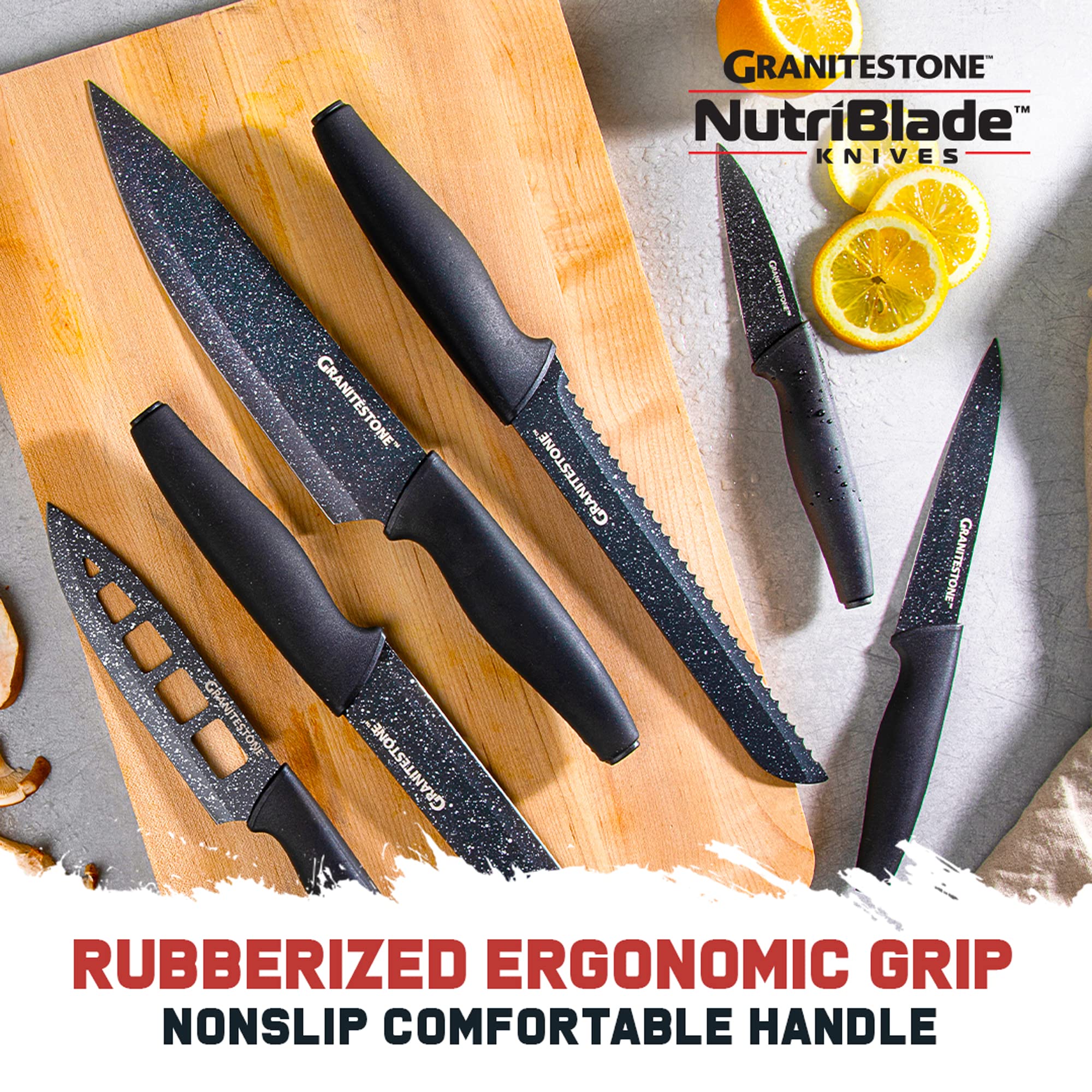 Granitestone Nutriblade 6 PC Knife Set, Professional Kitchen Chef’s Knives with Ultra Sharp Stainless Steel Blades and Nonstick Granite Coating, Easy-Grip Handle, Rust-proof, Dishwasher-safe, Black