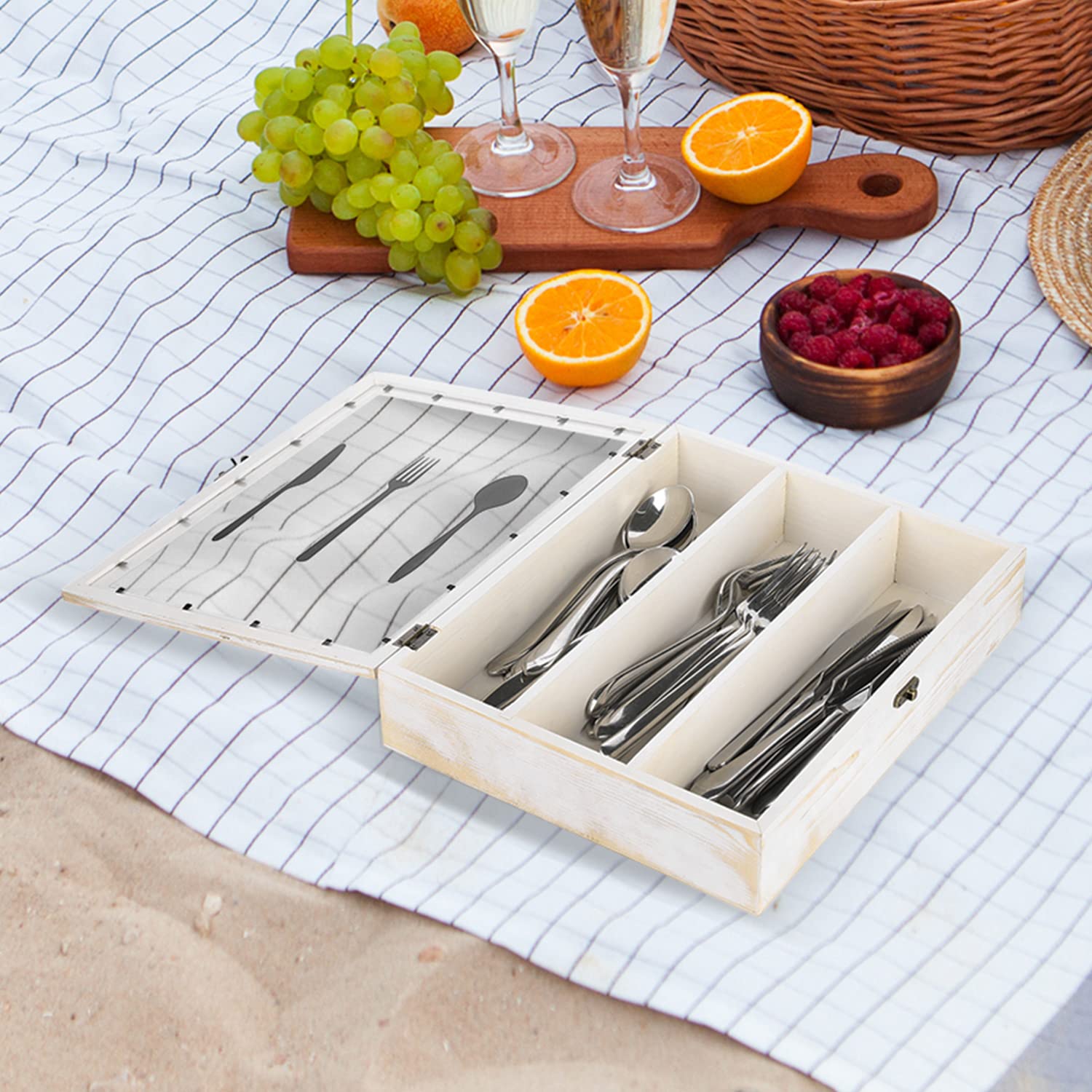MyGift Rustic Whitewashed Wood Cutlery Tray Case with Acrylic Lid and Latch Lock, Buffet Table Utensils Flatware Server Caddy, Spoon and Fork Holder