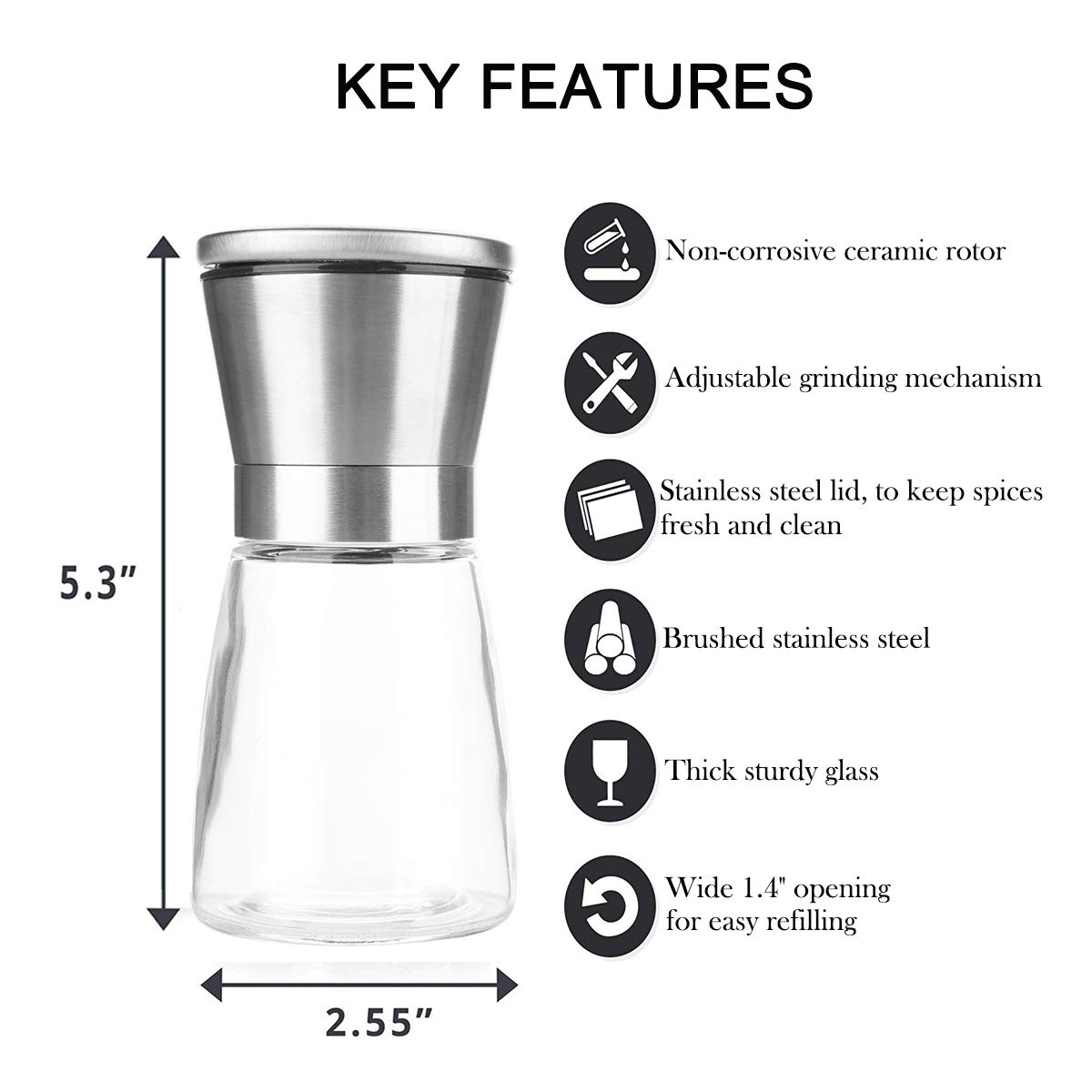 Mincham Manual Salt or Pepper Grinder for Professional Chef, Best Spice Mill with Stainless Steel Cap, Ceramic Blades and Adjustable Coarseness, Refillable Glass Body with 6OZ Capacity