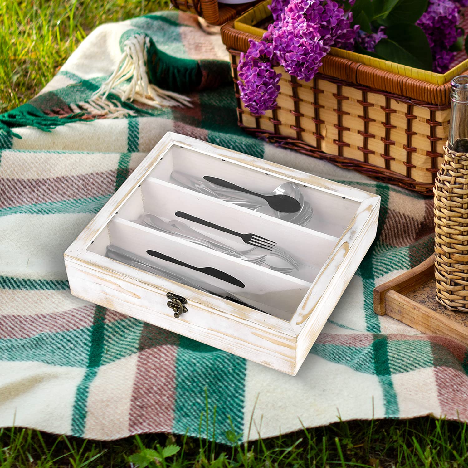 MyGift Rustic Whitewashed Wood Cutlery Tray Case with Acrylic Lid and Latch Lock, Buffet Table Utensils Flatware Server Caddy, Spoon and Fork Holder