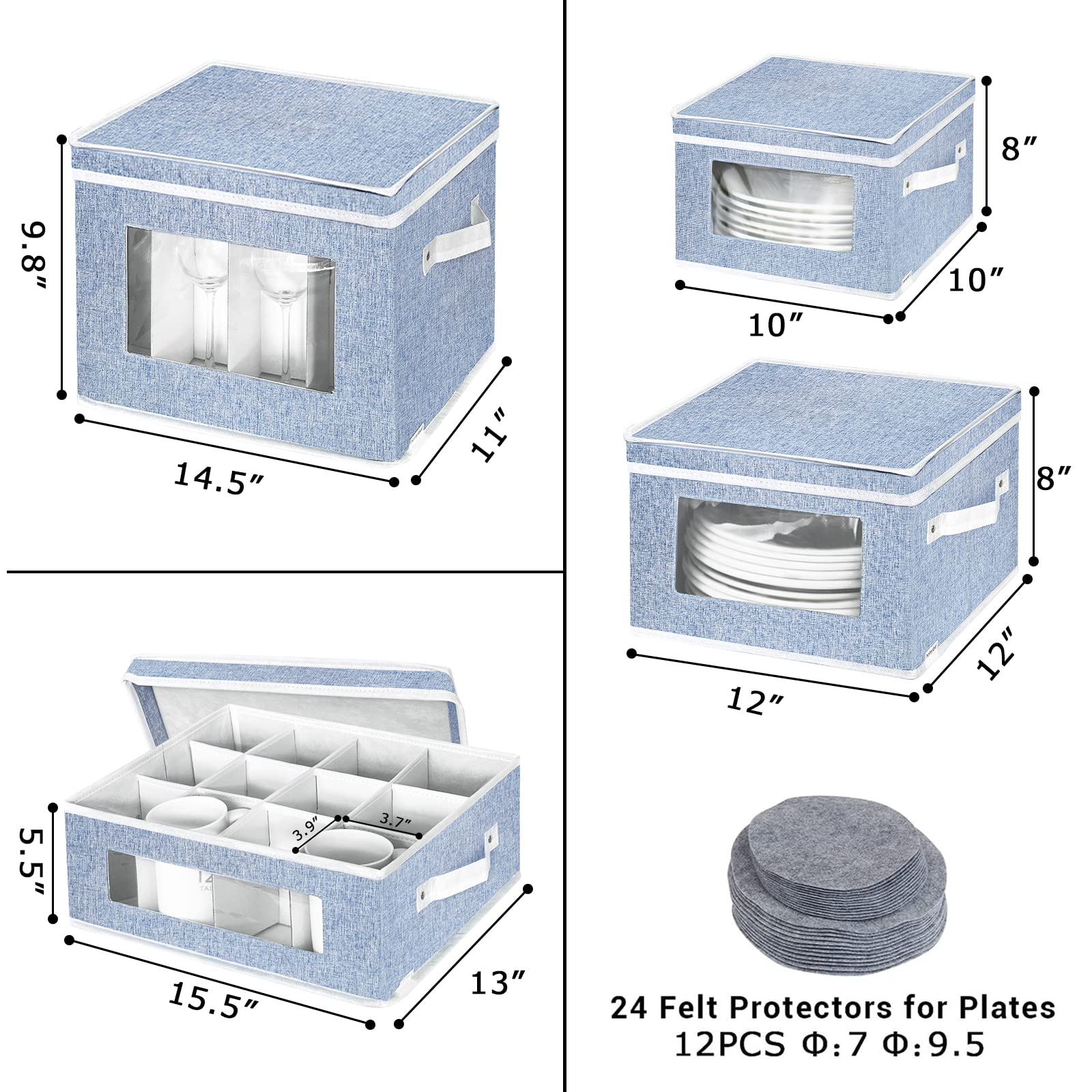 China Storage Containers,Wine Glass Mug Plate Dish Stemware Storage Box with Dividers,Hard Shell Dinnerware Case with 24 Felt Protectors for Crystal Glassware,Coffee Cup,Bowl Packing & Moving (Blue)