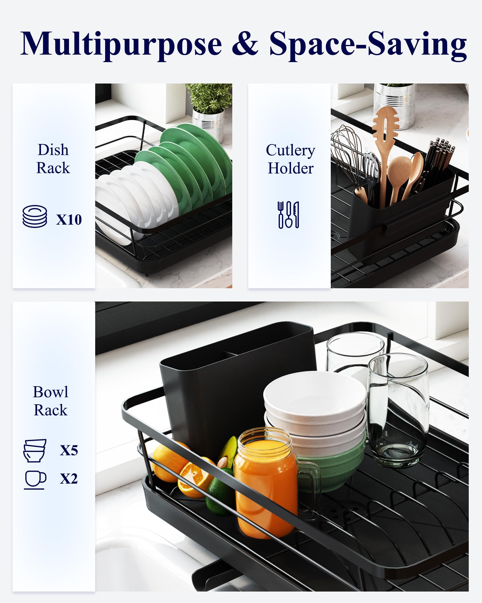Kitsure Dish Drying Rack- Space-Saving Dish Rack, Dish Racks for Kitchen Counter, Durable Stainless Steel Kitchen Drying Rack with a Cutlery Holder, Drying Rack for Dishes, Knives, Spoons, and Forks