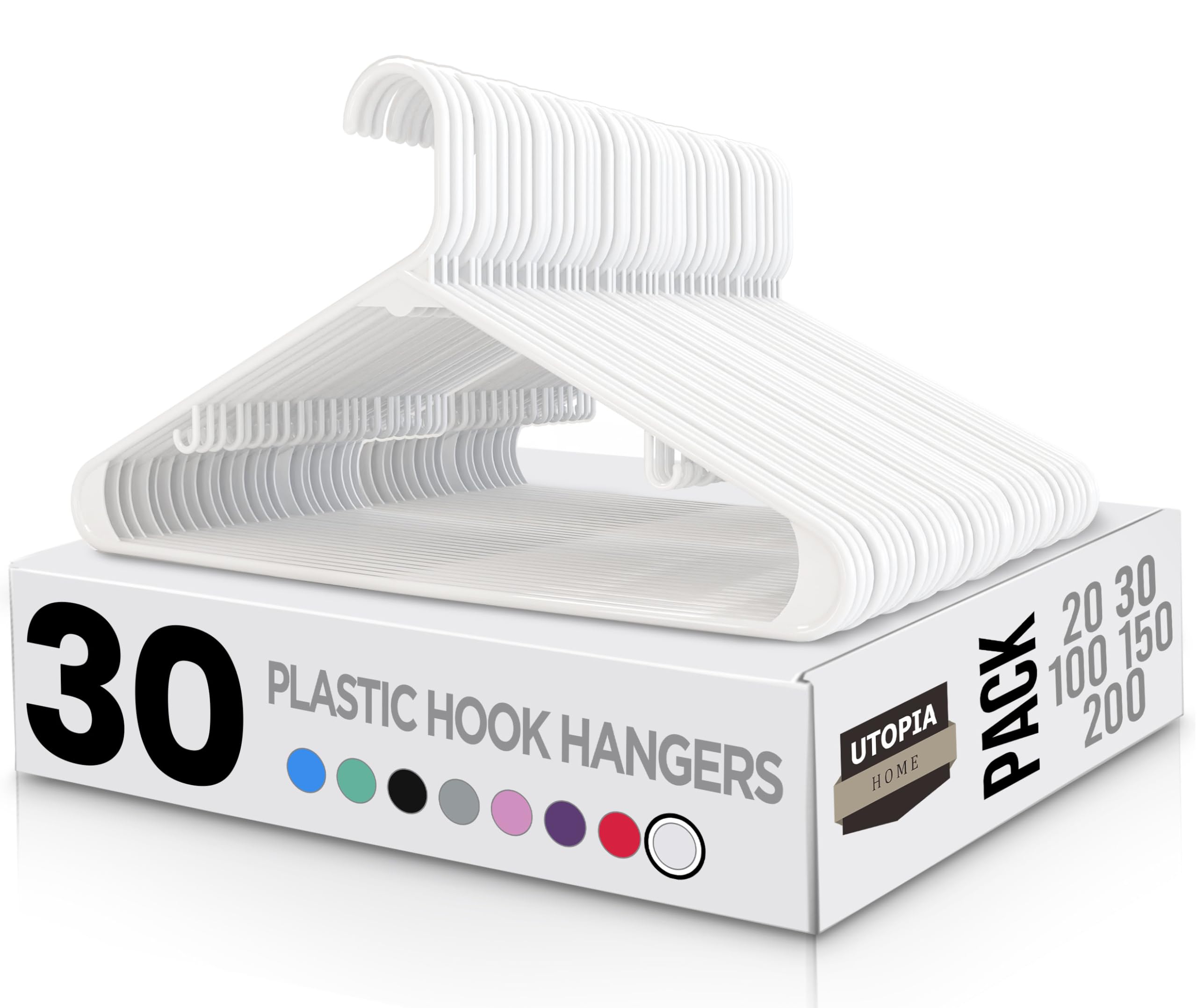 Utopia Home Plastic Hangers 30 Pack - Clothes Hanger with Hooks - Durable & Space Saving Coat Hanger - Heavy Duty White Hangers for Coats, Pants, Dress, Etc.
