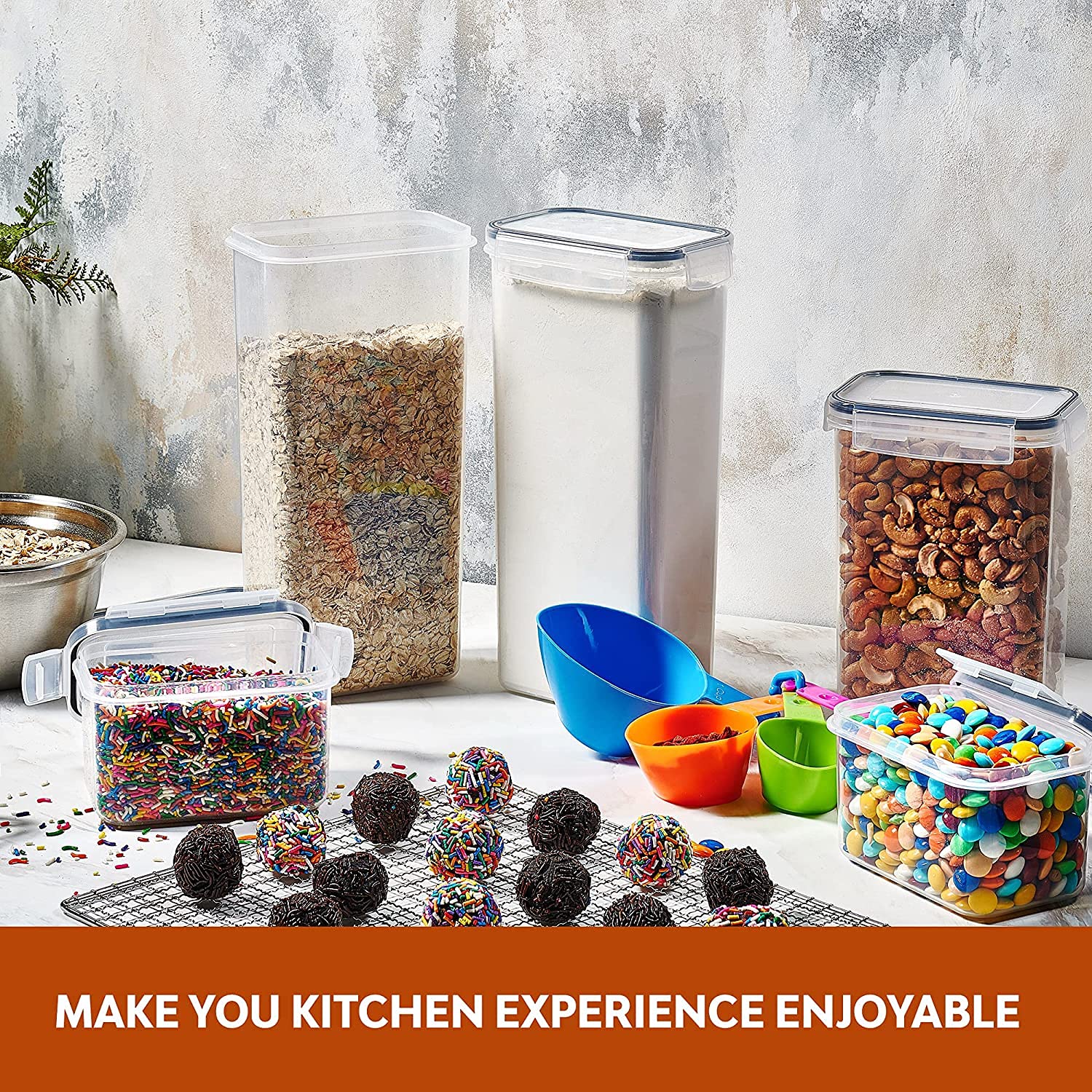 14 Pack Airtight Food Storage Container Set - BPA Free Clear Plastic Kitchen and Pantry Organization Canisters with Durable Lids for Cereal, Dry Food Flour & Sugar - Labels, Marker & Spoon Set