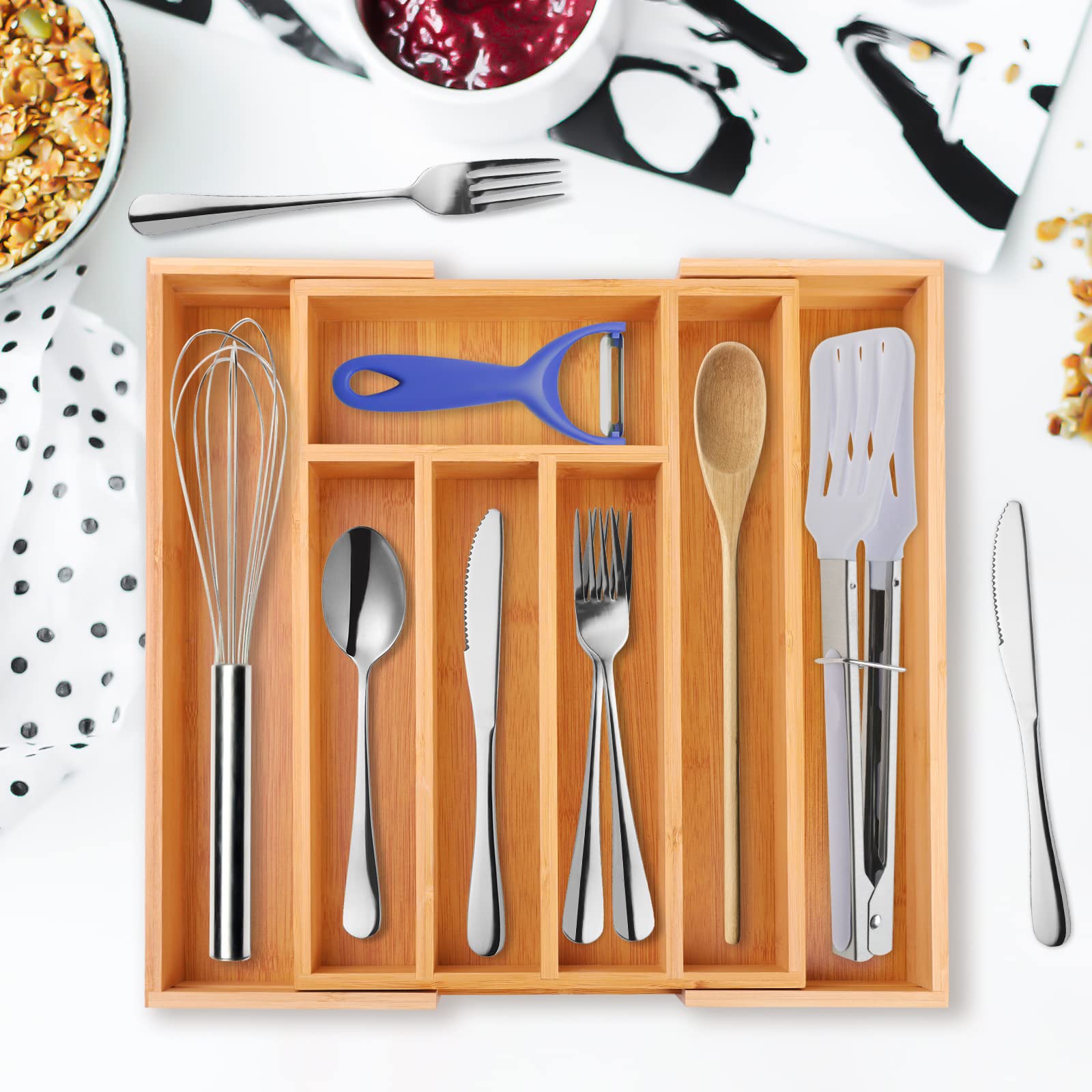 SANPON Bamboo Kitchen Drawer Organizer Expandable Silverware Tray for Drawer Utensil Tray Flatware Drawer Organizer 5-7 Slots