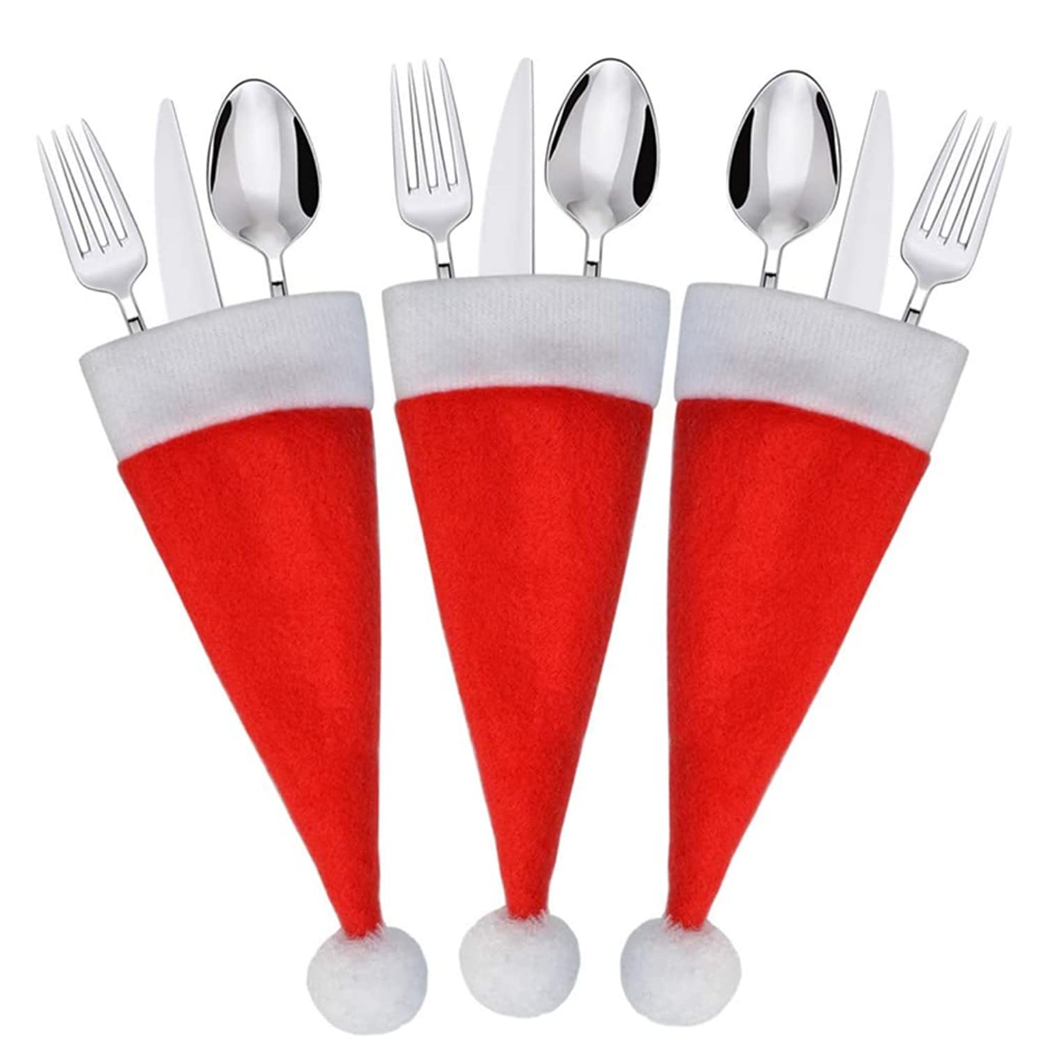 Christmas Santa Hats Silverware Holders, Tableware Holders , Santa Hats Dinner Silverware Holders, Santa Claus Flatware Holder, Xmas Dinner Table Flatware Dinnerware Decorations Party Supplies