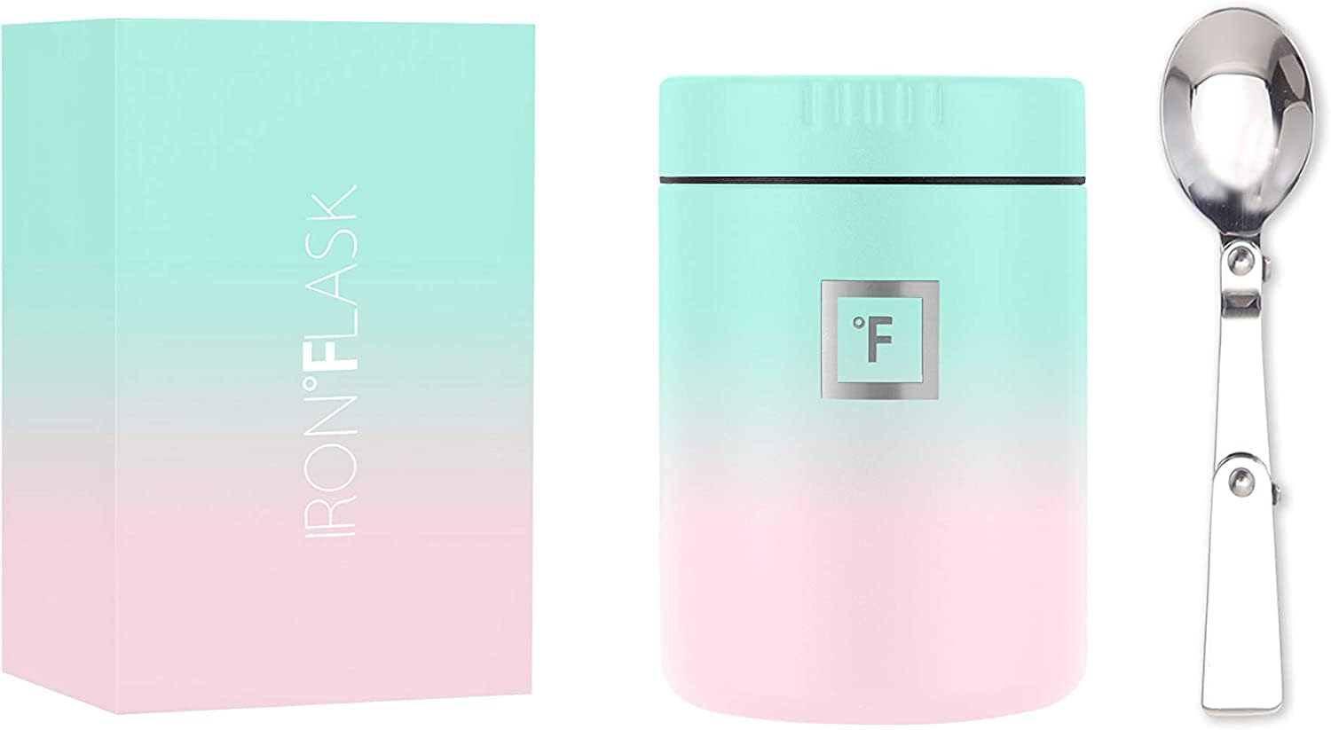 IRON °FLASK Food Jar - 16 Oz, Foldable Spoon, Leak Proof, Vacuum Insulated Thermo, Stainless Steel, Storage Lunch, Container, Canteen, Double Walled, Portable Food Bowl