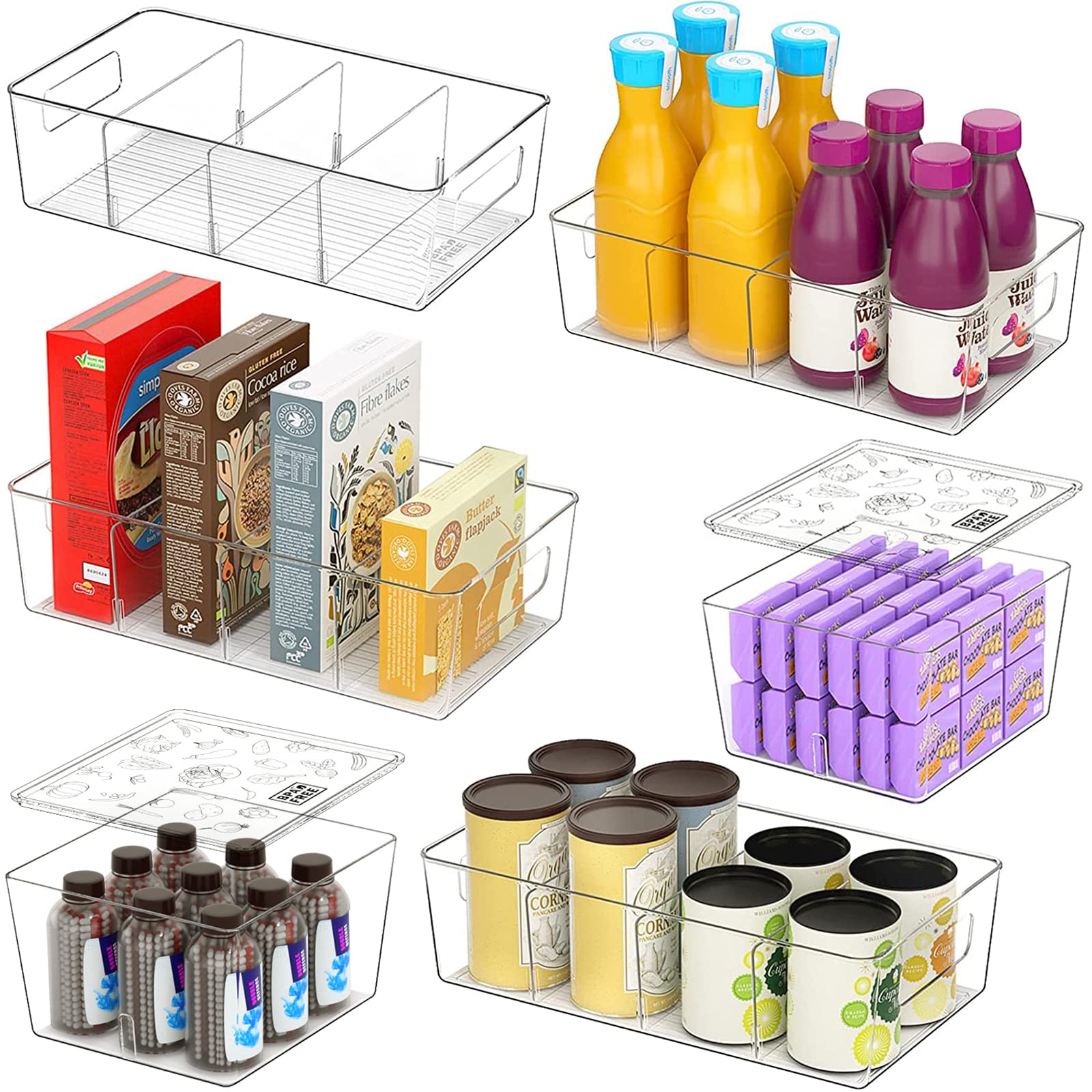 6 Pack Food Storage Organizer Bins w Lids - Snack Organizer for Pantry w Removable Dividers, Clear Medicine Cabinet Organizers, Fridge/Refrigerator Organization and Storage for Kitchen, Bathroom