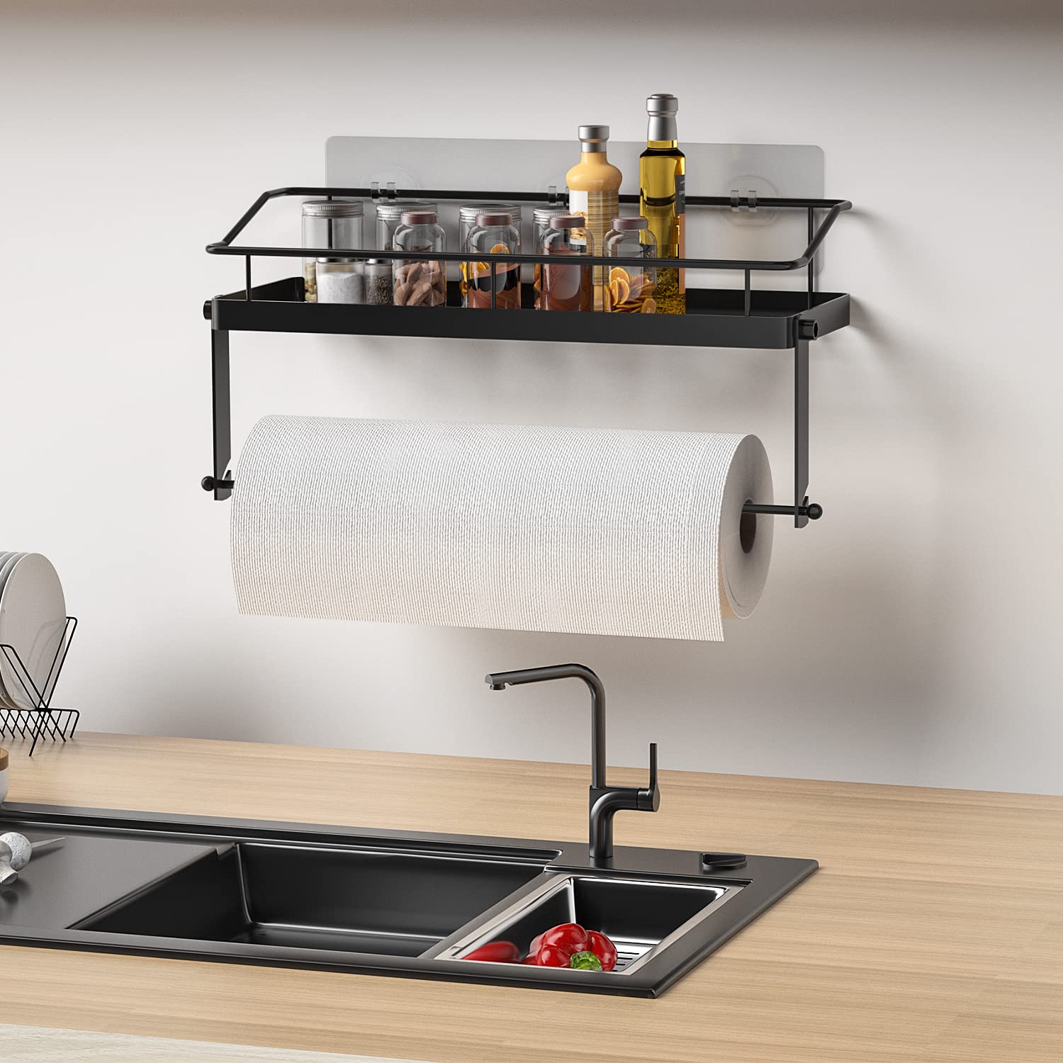 Adhesive Paper Towel Holder Shelf, 2-in-1 Wall Mounted Black Paper Towel Roll Rack Basket for Kitchen,Shower Bathroom & Balcony,Rustproof,No Drilling,SUS 304 Stainless Steel