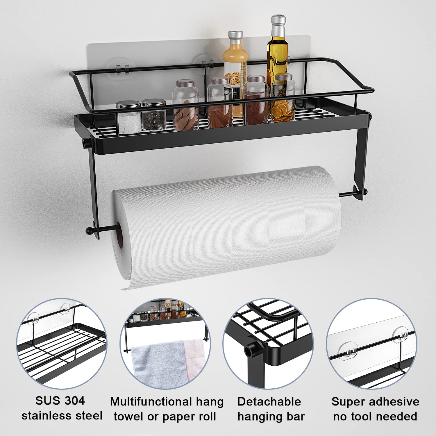 Adhesive Paper Towel Holder Shelf, 2-in-1 Wall Mounted Black Paper Towel Roll Rack Basket for Kitchen,Shower Bathroom & Balcony,Rustproof,No Drilling,SUS 304 Stainless Steel