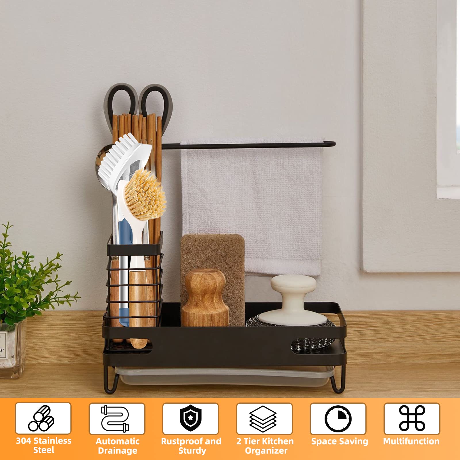 Kitchen Sink Caddy Organizer, Sponge Holder for Kitchen Sink Stainless Steel Dish Cloth Hanger & Basket Brush Holder with Removable Drain Tray for Kitchen Sink Accessories