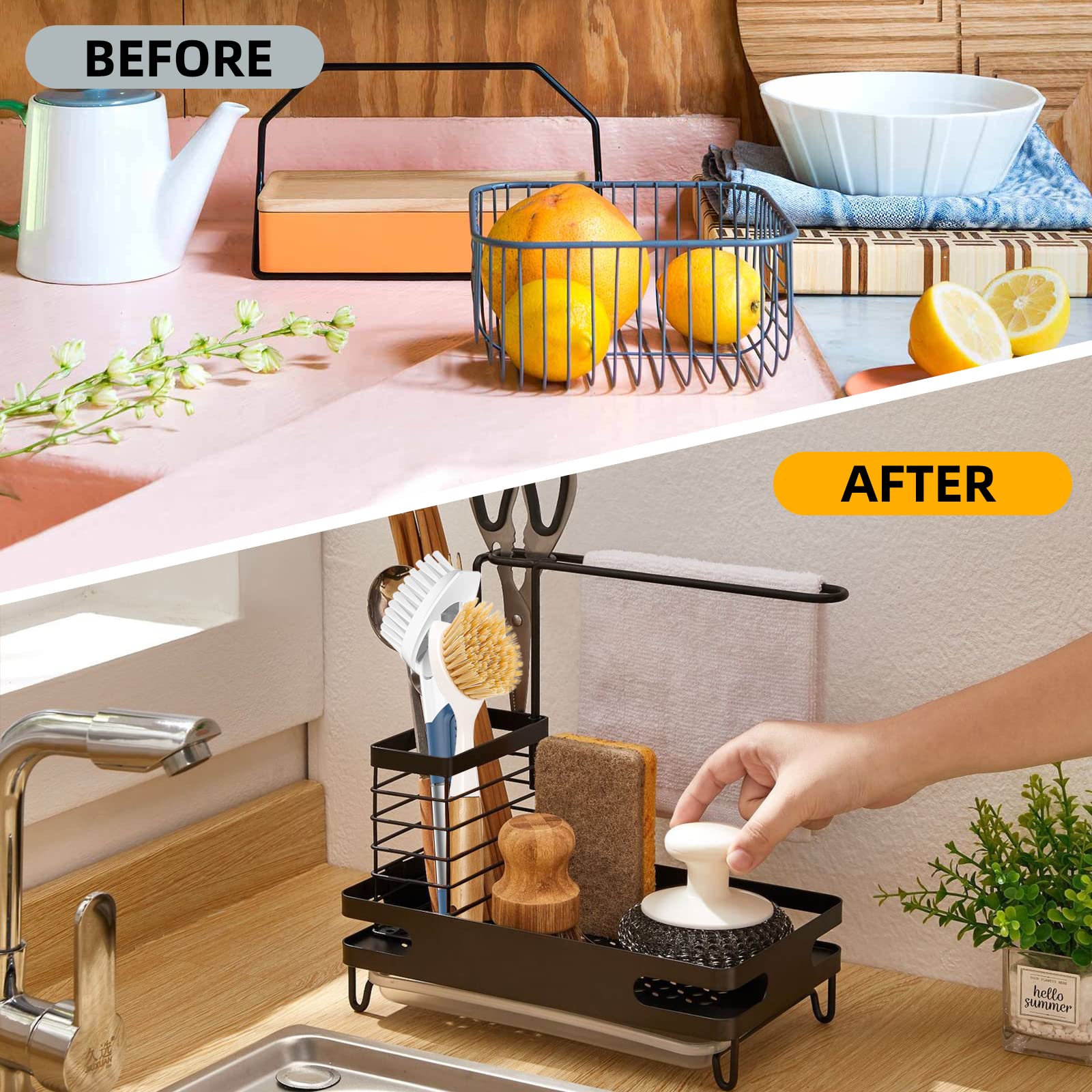 Kitchen Sink Caddy Organizer, Sponge Holder for Kitchen Sink Stainless Steel Dish Cloth Hanger & Basket Brush Holder with Removable Drain Tray for Kitchen Sink Accessories