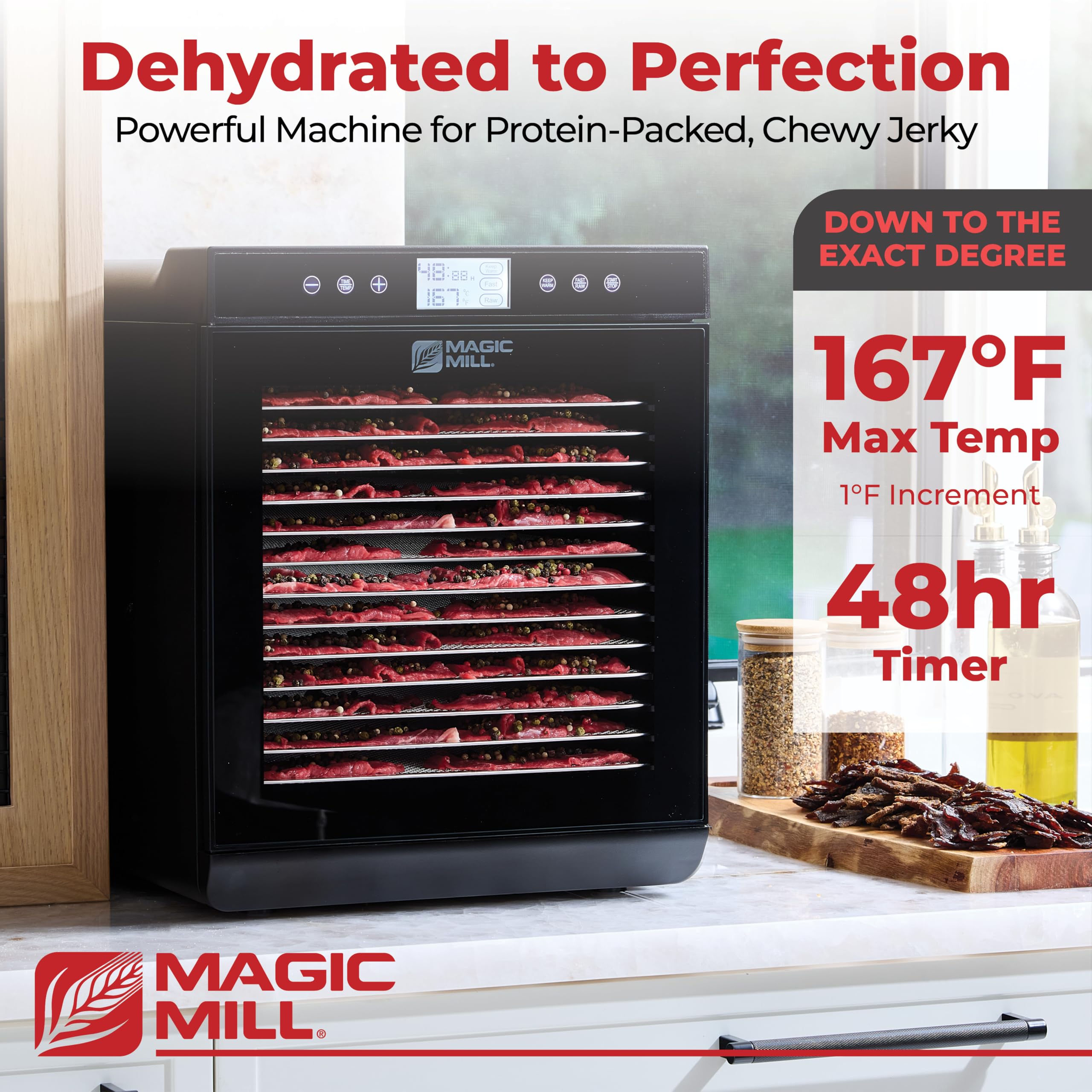 Magic Mill Food Dehydrator Machine (10 Stainless Steel Trays) Digital Adjustable Timer | Temperature Control | Keep Warm Function | Dryer for Jerky, Herb, Meat, Beef, Fruit and To Dry Vegetables