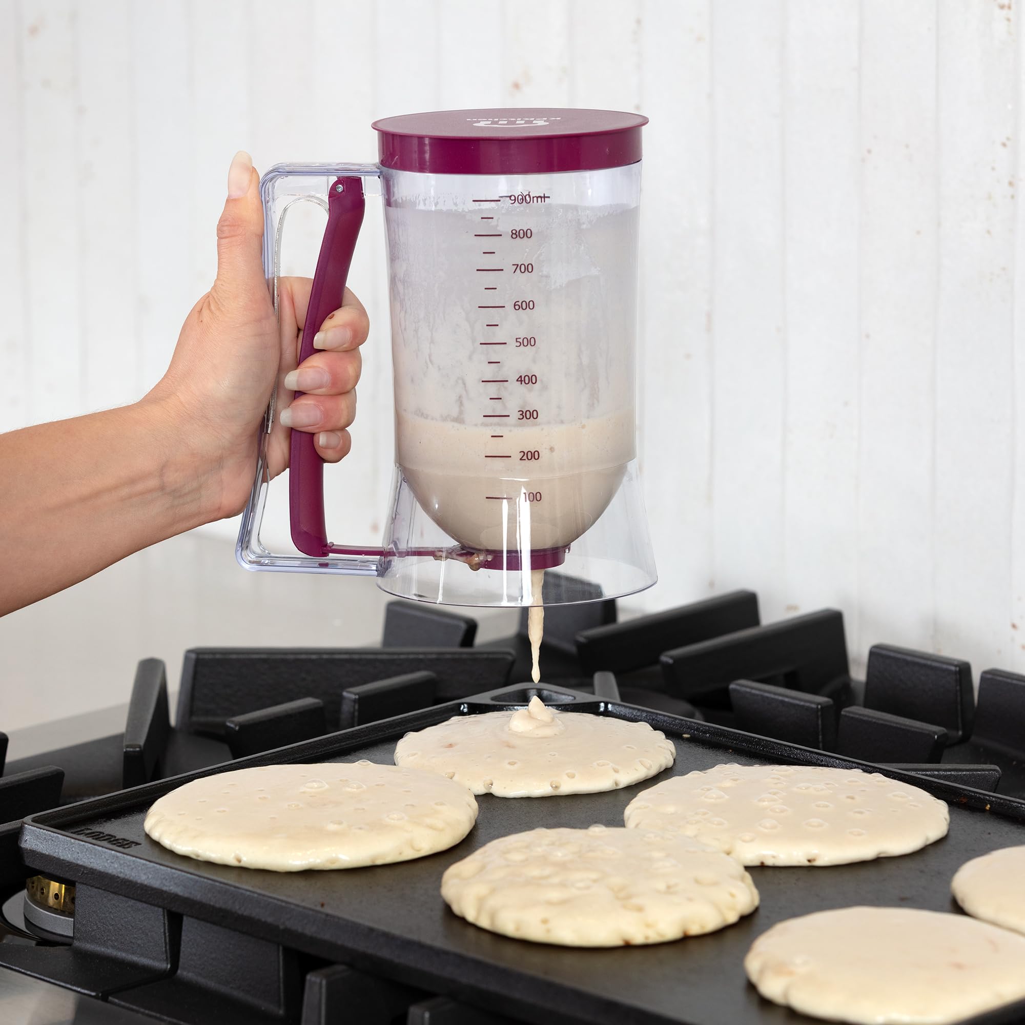 KPKitchen Pancake Batter Dispenser - Kitchen Must Have Tool for Perfect Pancakes, Cupcake, Waffle, Muffin Mix, Crepe & Cake - Easy Pour Baking Supplies for Griddle - Pancake Maker with Measuring Label