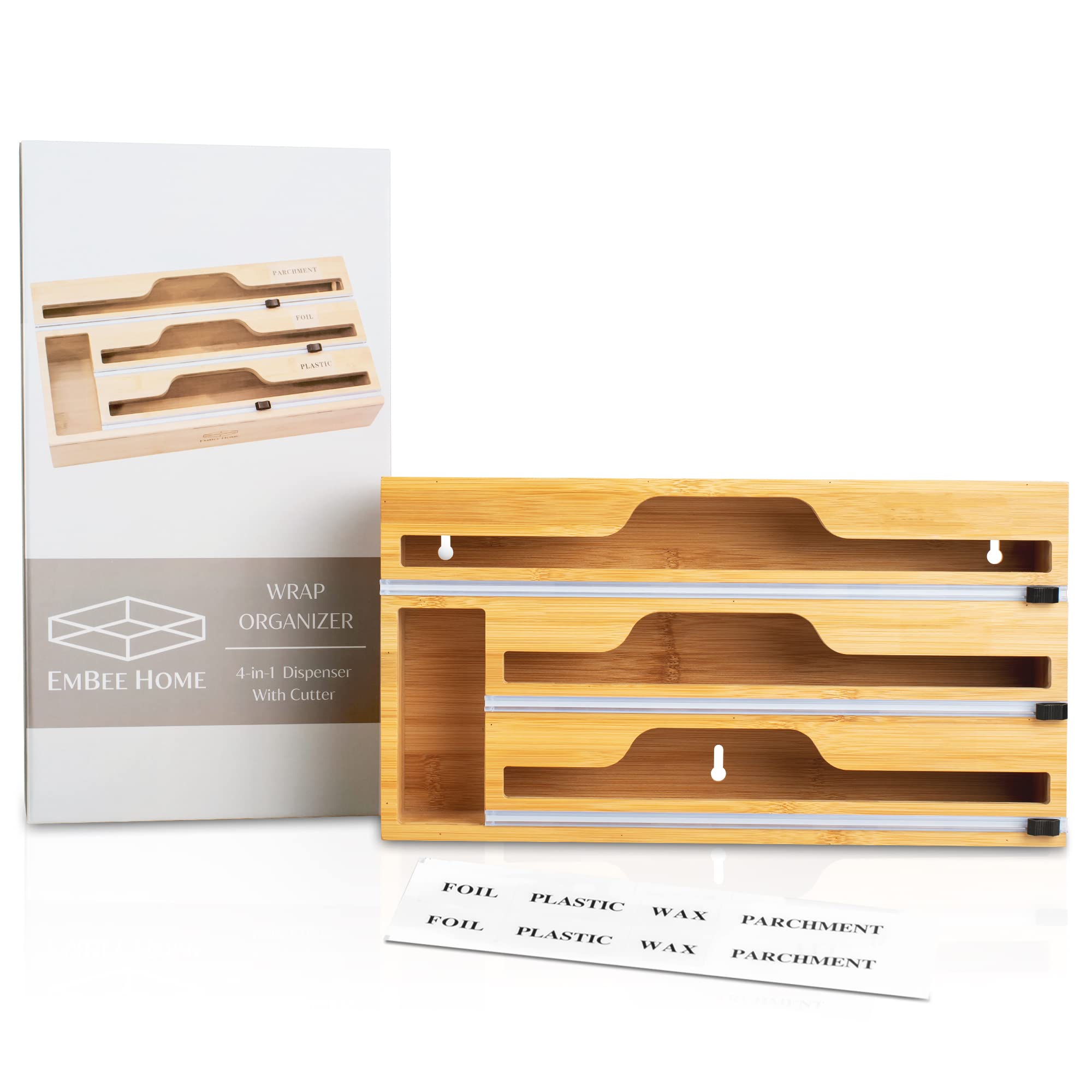 EmBee Home 4-in-1 Bamboo Wrap Organizer Dispenser with Storage for Kitchen Drawer - Compatible with Aluminum Foil, Plastic, and Paper Rolls "12 and "15 Rolls - Slider and Labels Included