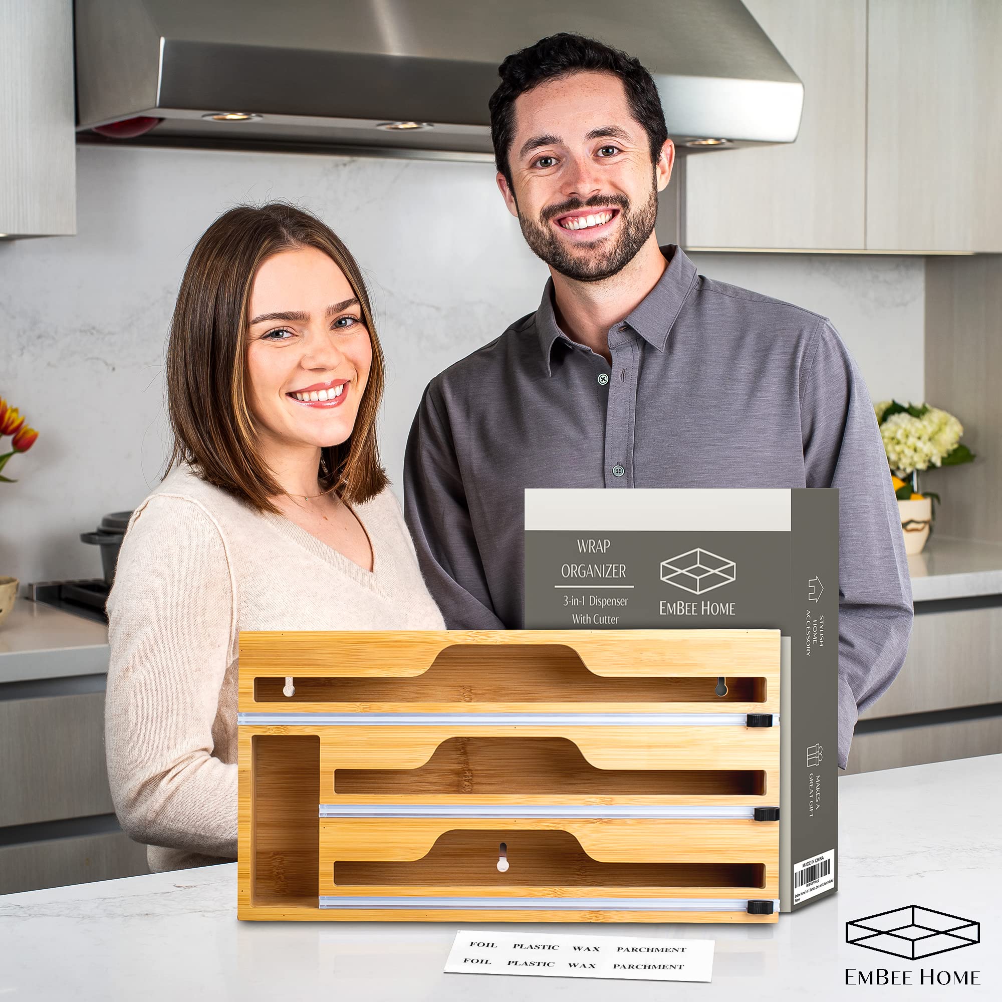 EmBee Home 4-in-1 Bamboo Wrap Organizer Dispenser with Storage for Kitchen Drawer - Compatible with Aluminum Foil, Plastic, and Paper Rolls "12 and "15 Rolls - Slider and Labels Included