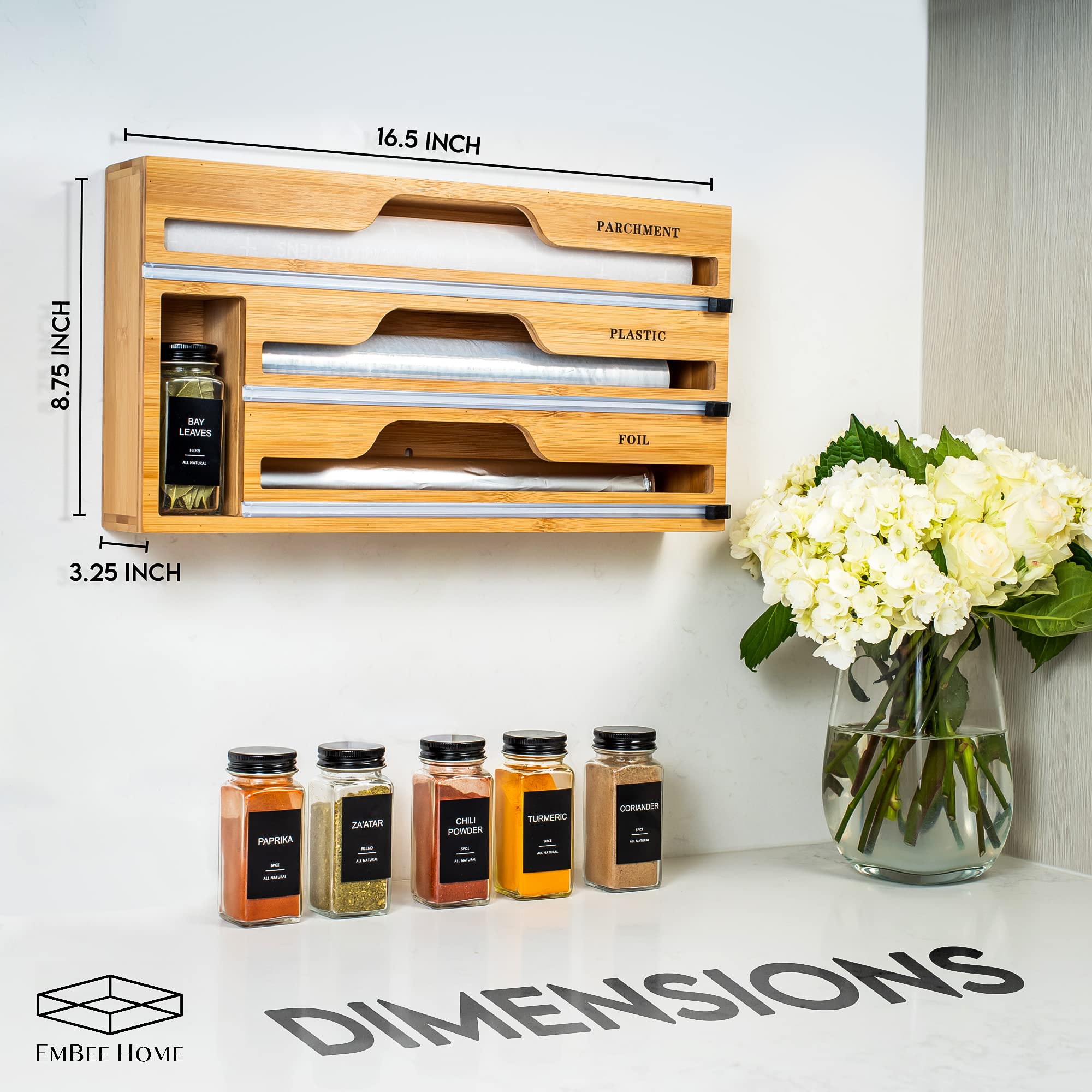 EmBee Home 4-in-1 Bamboo Wrap Organizer Dispenser with Storage for Kitchen Drawer - Compatible with Aluminum Foil, Plastic, and Paper Rolls "12 and "15 Rolls - Slider and Labels Included