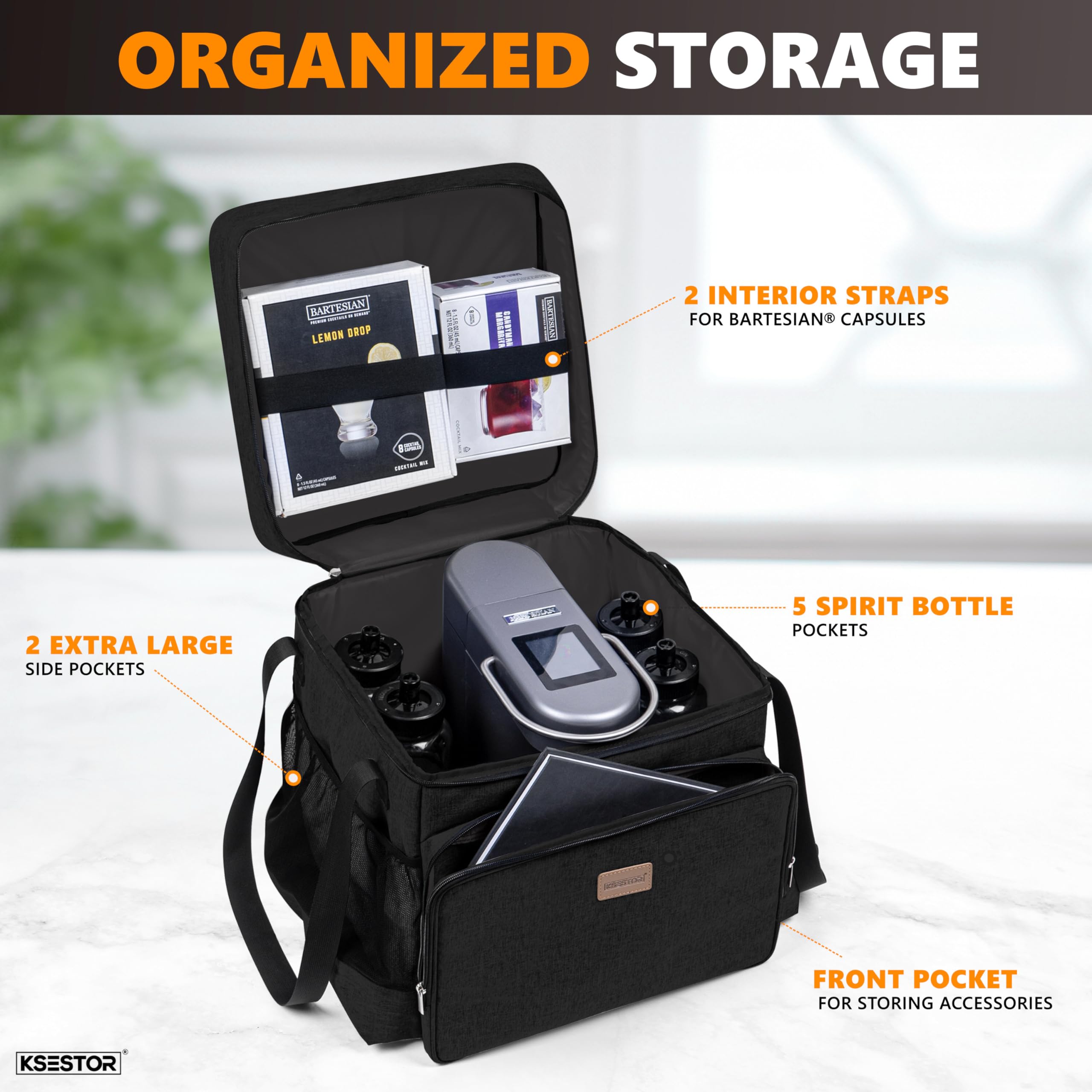 Ksestor Travel Bag for Bartesian Cocktail Machine Insulated Travel Carrier for Bartesian with Easy to Clean Lining - Pockets to Store Bartesian Cocktail Capsules - Black
