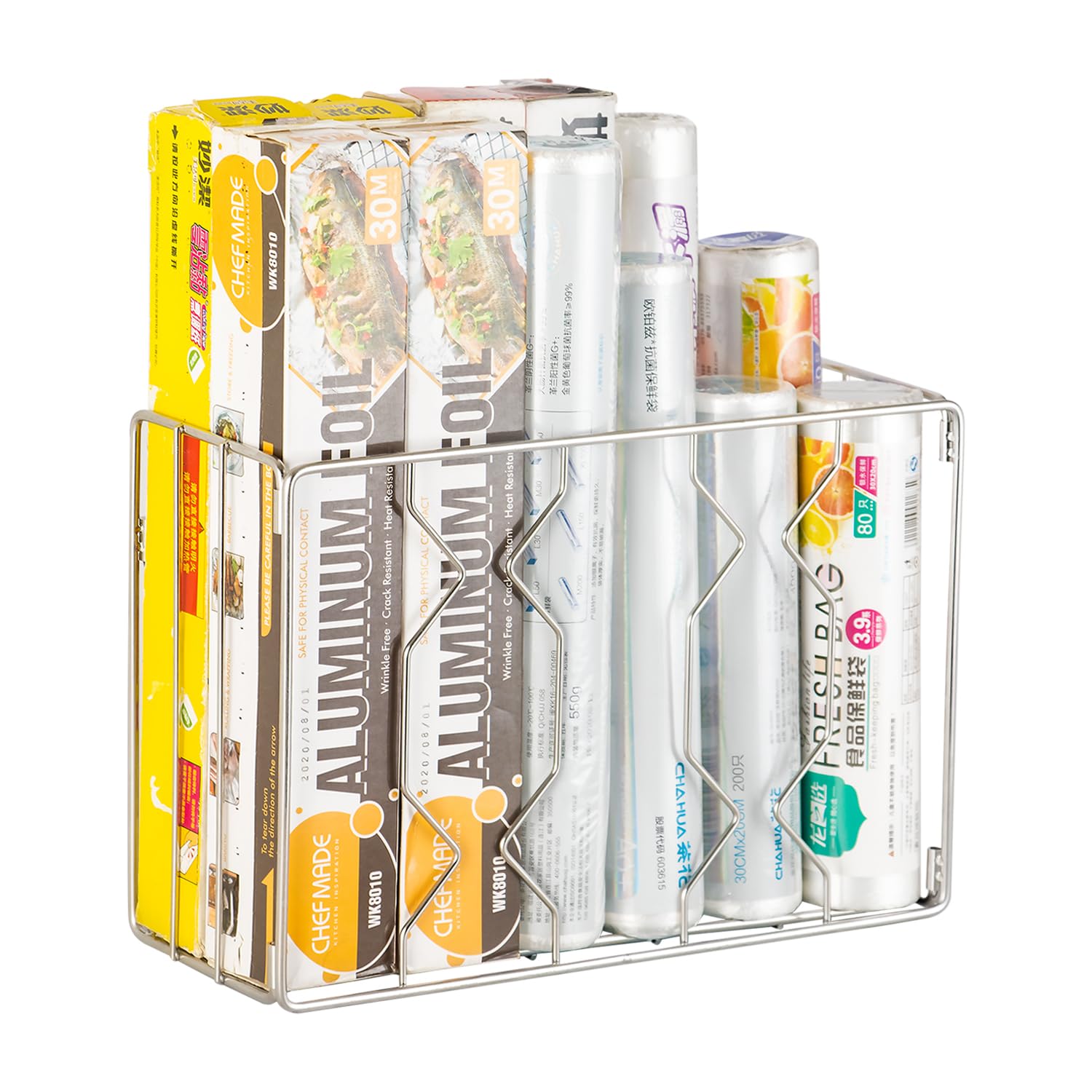 YQh Wall Mount Kitchen Wrap Organizer Rack, Kitchen Wrap Organizer Rack, Mounts to Solid Cabinet Doors or Walls, Tall Basket Door Mount Cabinet Organizer