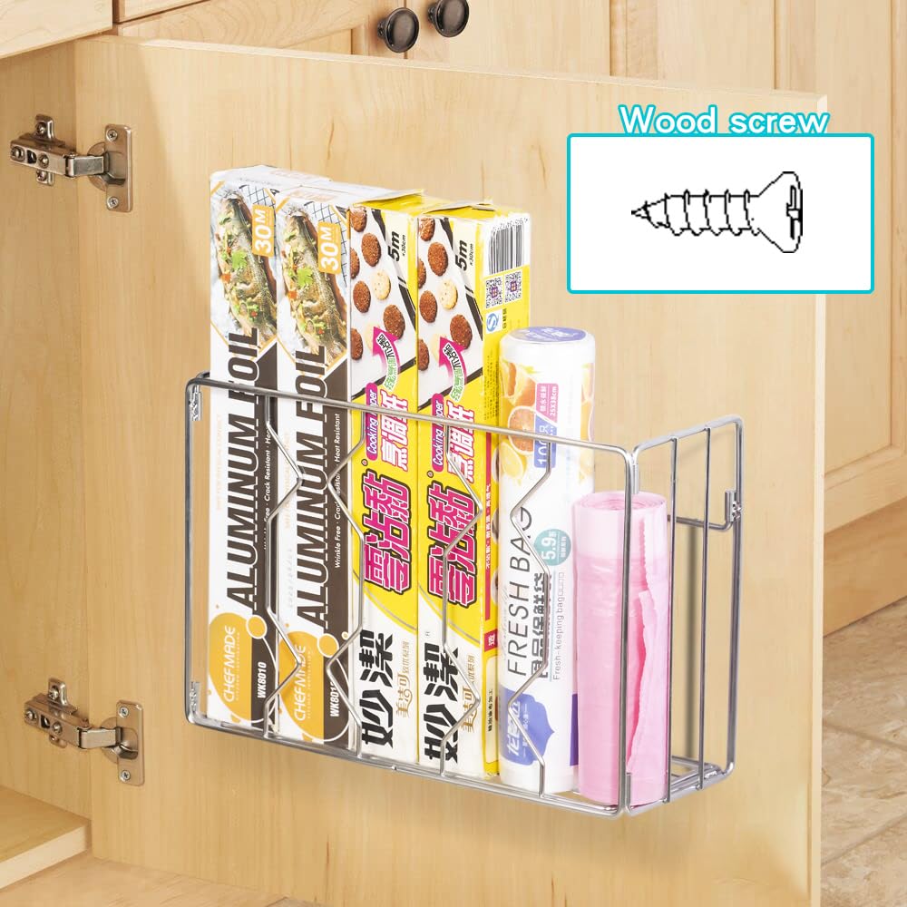 YQh Wall Mount Kitchen Wrap Organizer Rack, Kitchen Wrap Organizer Rack, Mounts to Solid Cabinet Doors or Walls, Tall Basket Door Mount Cabinet Organizer