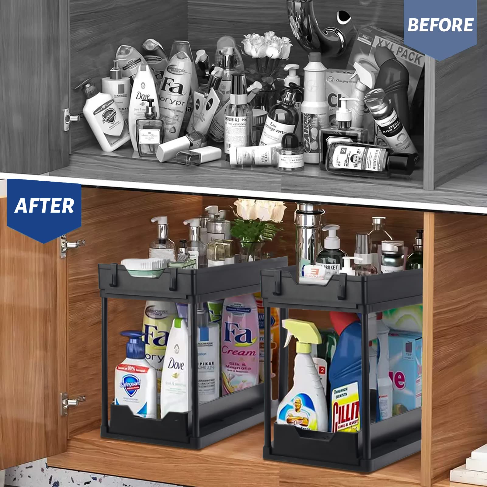 Under Sink Organizer, Sliding Cabinet Basket Organizer 2 Tier Under Bathroom Storage Rack with Hooks, Multi-purpose Storage Shelf for Bathroom Kitchen (White, 2 Pack)