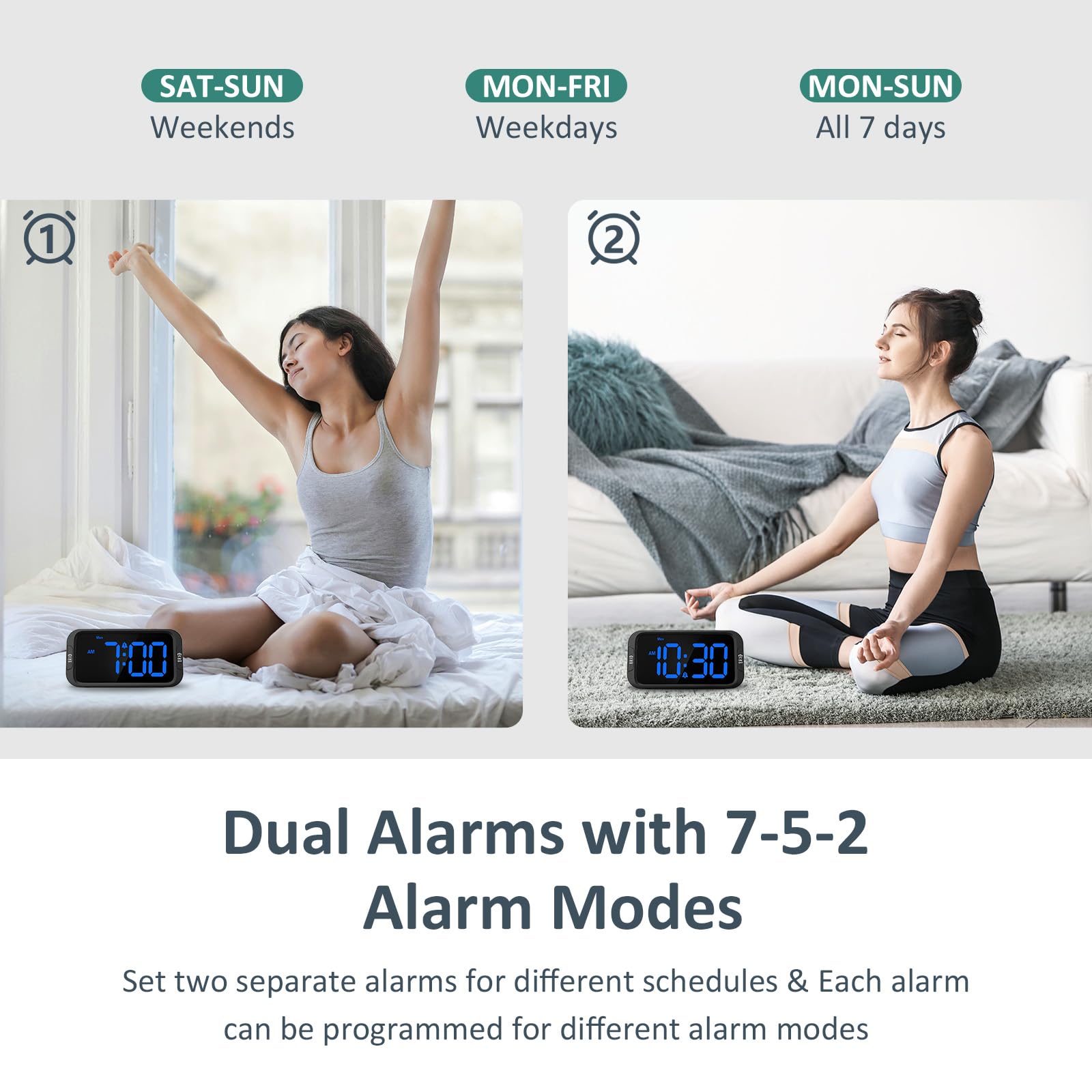 Odokee Digital Dual Alarm Clock for Bedroom, Easy to Set, 0-100% Dimmer, USB Charger, 5 Sounds Adjustable Volume, Weekday/Weekend Mode, Snooze, 12/24Hr, Battery Backup, Compact Clock for Bedside(Blue)
