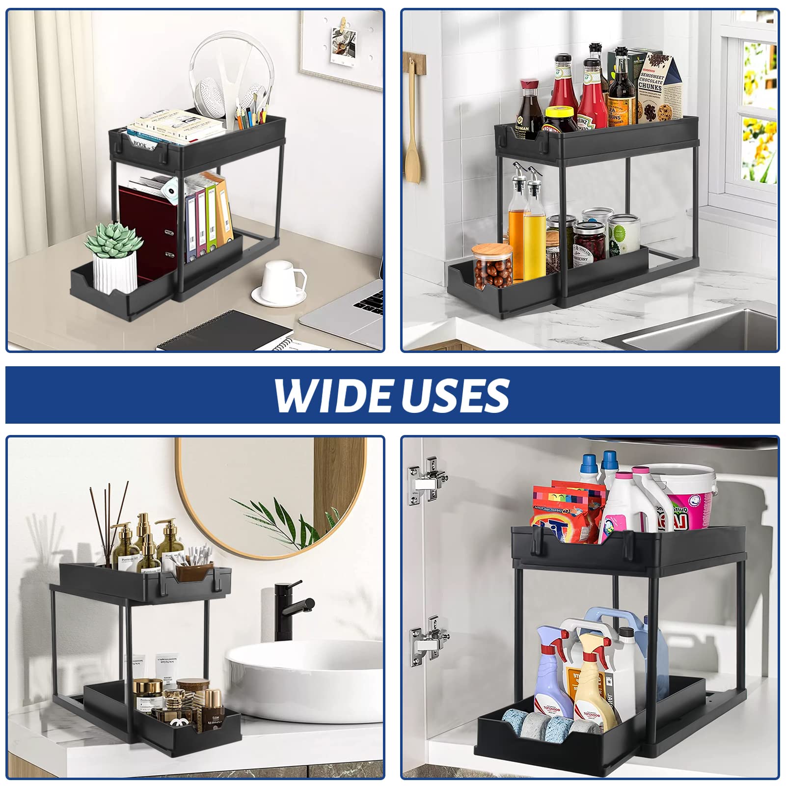 Under Sink Organizer, Sliding Cabinet Basket Organizer 2 Tier Under Bathroom Storage Rack with Hooks, Multi-purpose Storage Shelf for Bathroom Kitchen (White, 2 Pack)