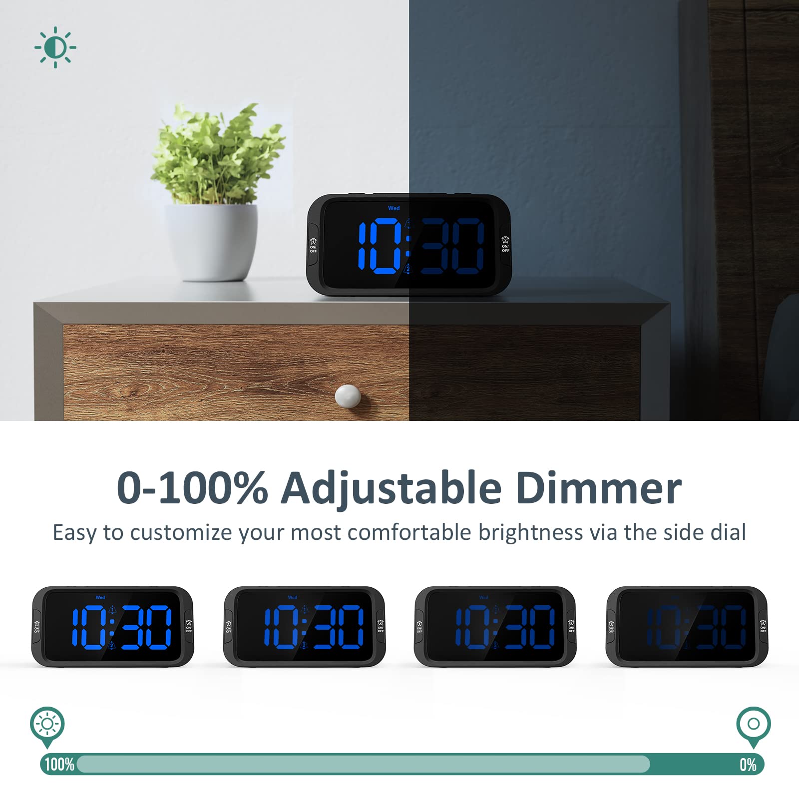 Odokee Digital Dual Alarm Clock for Bedroom, Easy to Set, 0-100% Dimmer, USB Charger, 5 Sounds Adjustable Volume, Weekday/Weekend Mode, Snooze, 12/24Hr, Battery Backup, Compact Clock for Bedside(Blue)
