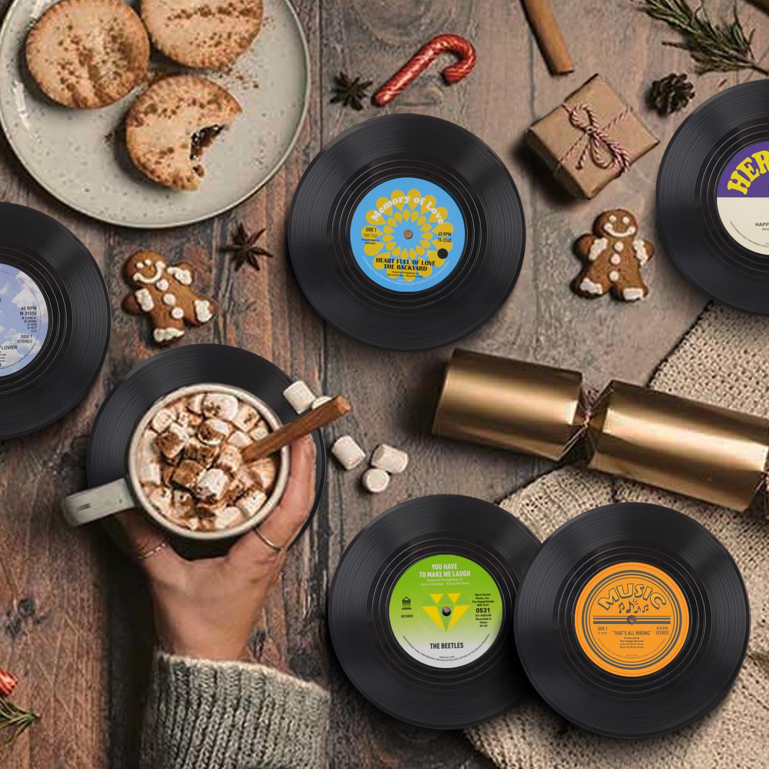 Funny Retro Vinyl Record Coasters for Drinks with Vinyl Record Player Holder for Music Lovers,Set of 6 Conversation Piece Sayings Drink Coaster,Housewarming Hostess Gifts, Wedding Registry Gift Ideas