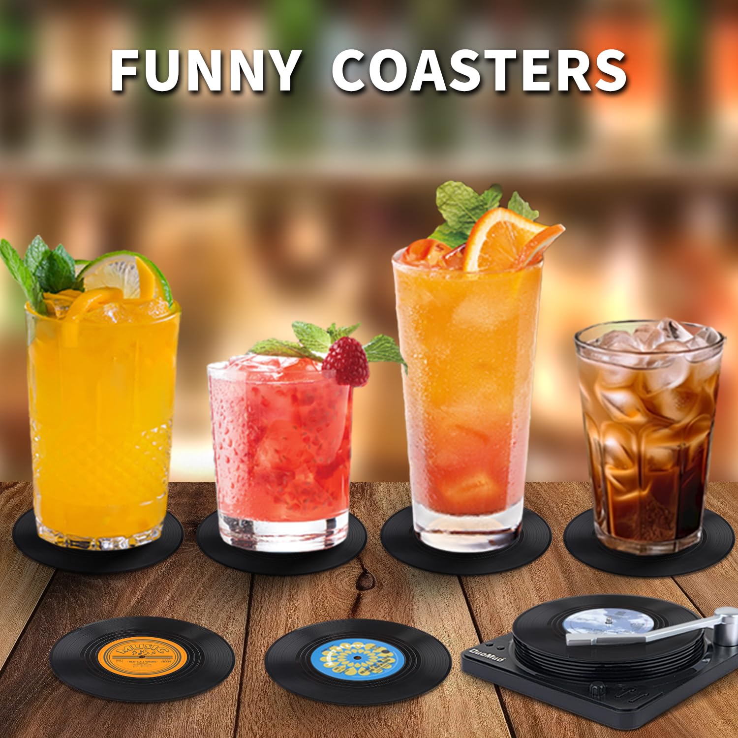 Funny Retro Vinyl Record Coasters for Drinks with Vinyl Record Player Holder for Music Lovers,Set of 6 Conversation Piece Sayings Drink Coaster,Housewarming Hostess Gifts, Wedding Registry Gift Ideas