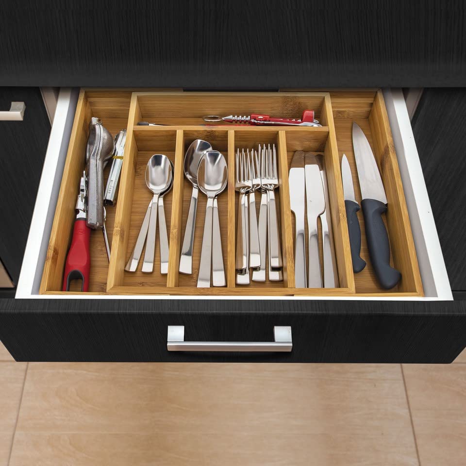 Noveltia Bamboo Expandable Silverware Drawer Organizer with 5-7 Compartments. Kitchen Cutlery Holder Storage Tray with Dividers for Utensils, Flatware, Office Supplies, Forks, Spoons, Jewelry