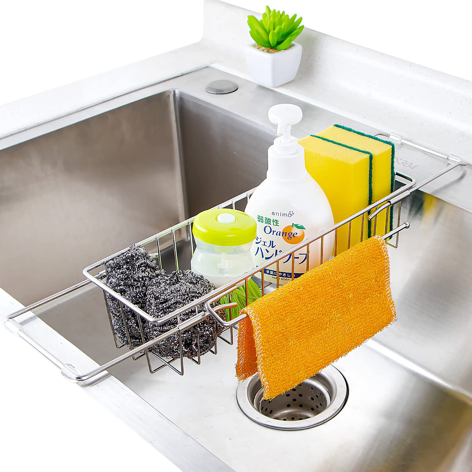 YQh Kitchen Sponge Holder, Sink Caddy,Sink Storage Rack Holder Adjustable,Over Sink Expandable(11.8''-18.9'') Brush Soap Storage Rack,Rust Proof Water Proof, No Drilling- Stainless Steel