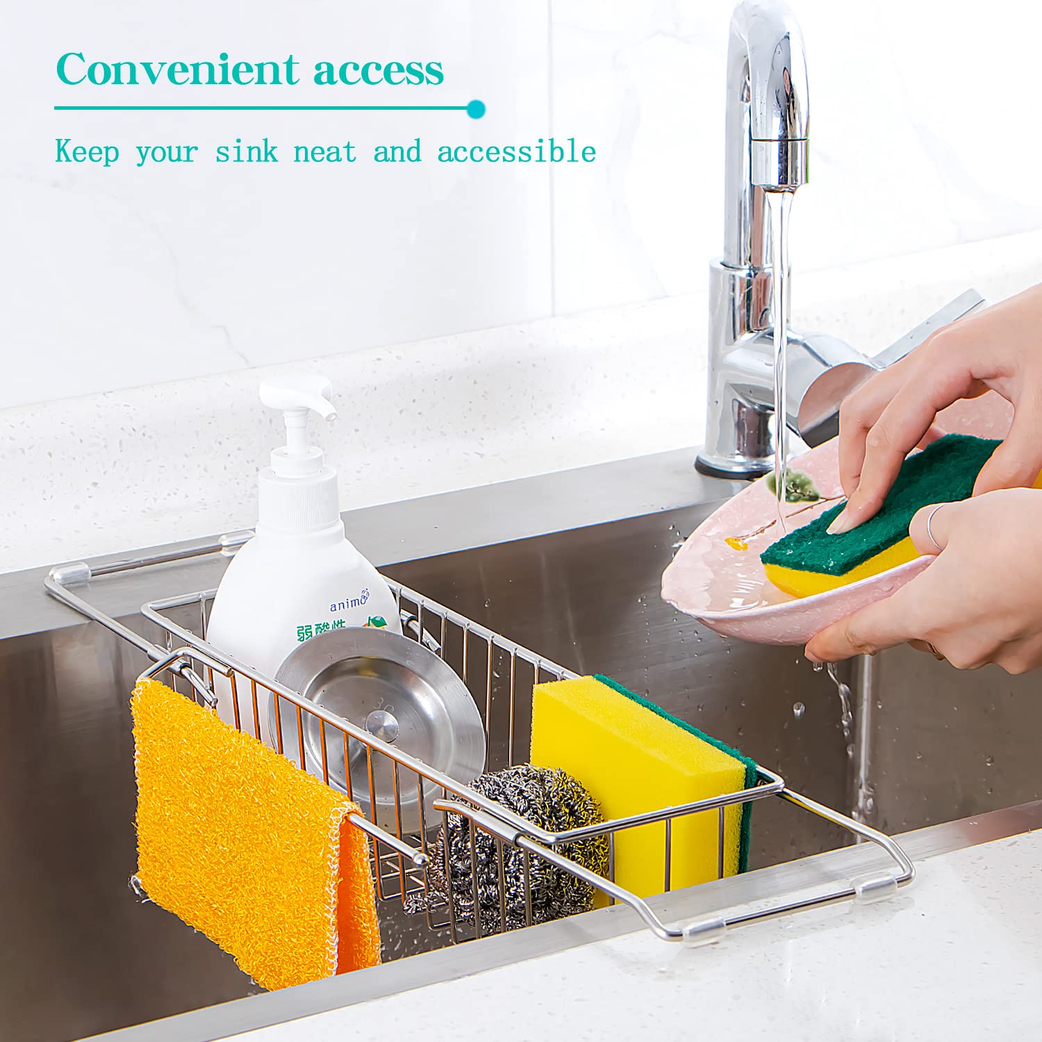 YQh Kitchen Sponge Holder, Sink Caddy,Sink Storage Rack Holder Adjustable,Over Sink Expandable(11.8''-18.9'') Brush Soap Storage Rack,Rust Proof Water Proof, No Drilling- Stainless Steel