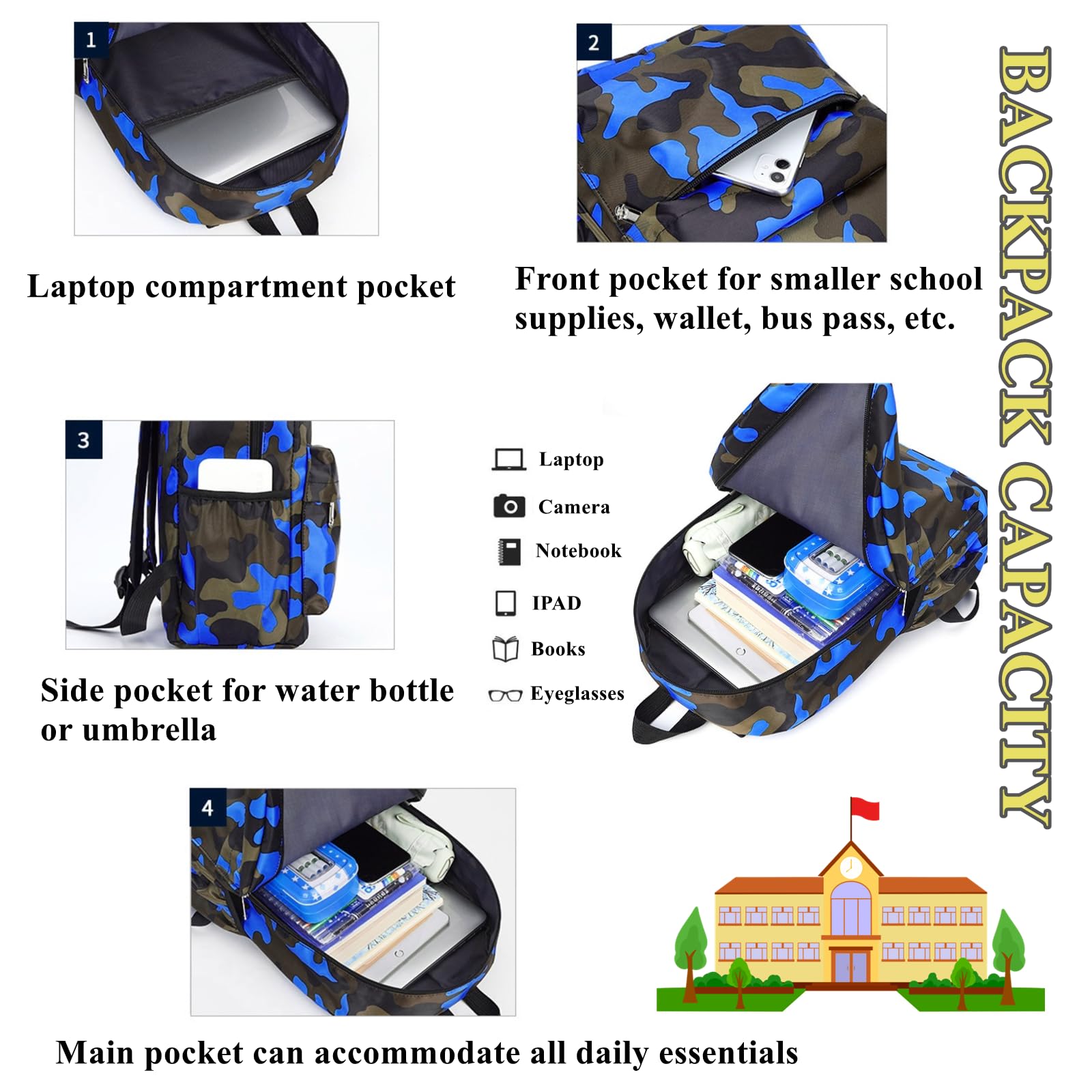 Kids Backpack for Boys Camo Print Elementary School Bag Preschool Daypack Outdoor Kindergarten Bag