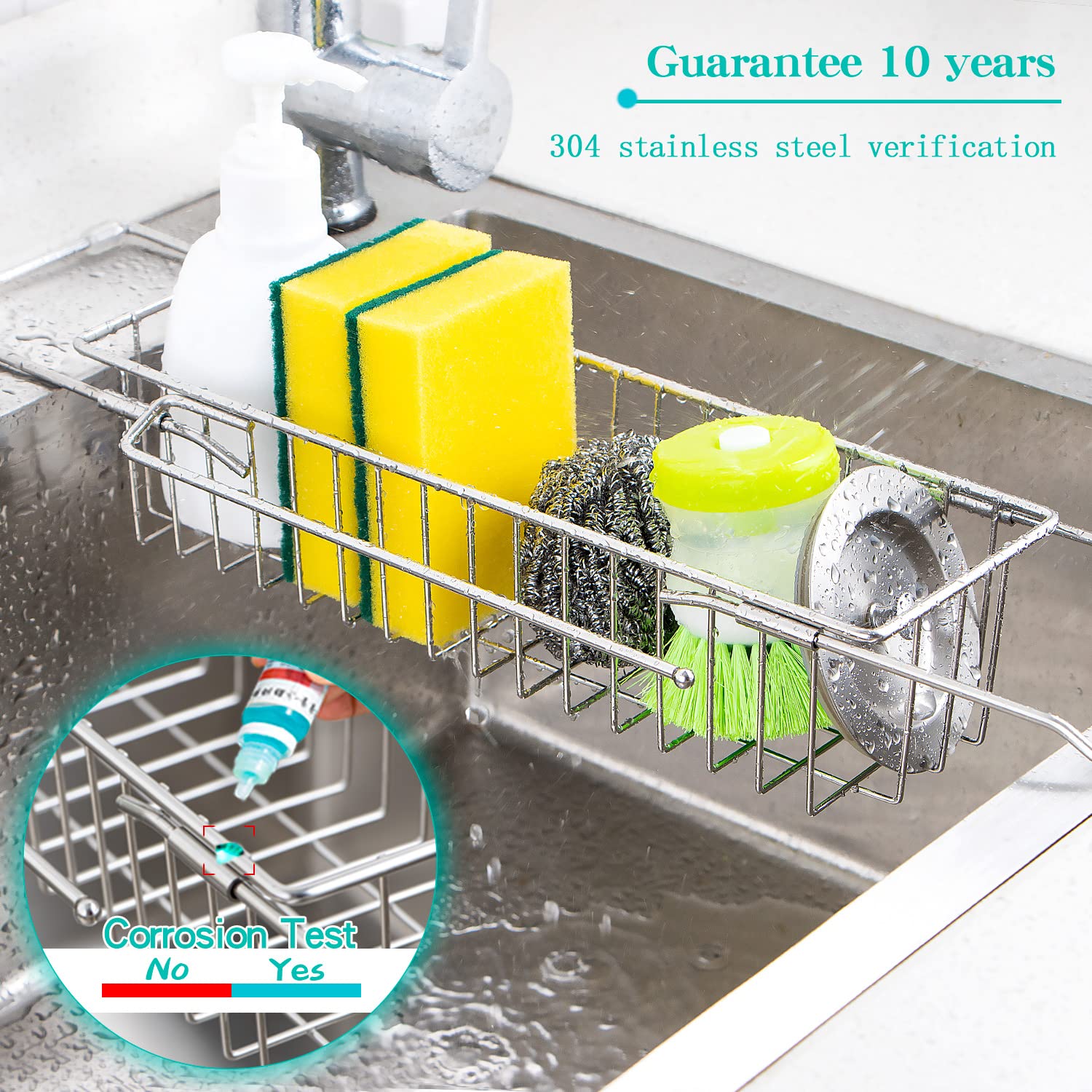 YQh Kitchen Sponge Holder, Sink Caddy,Sink Storage Rack Holder Adjustable,Over Sink Expandable(11.8''-18.9'') Brush Soap Storage Rack,Rust Proof Water Proof, No Drilling- Stainless Steel