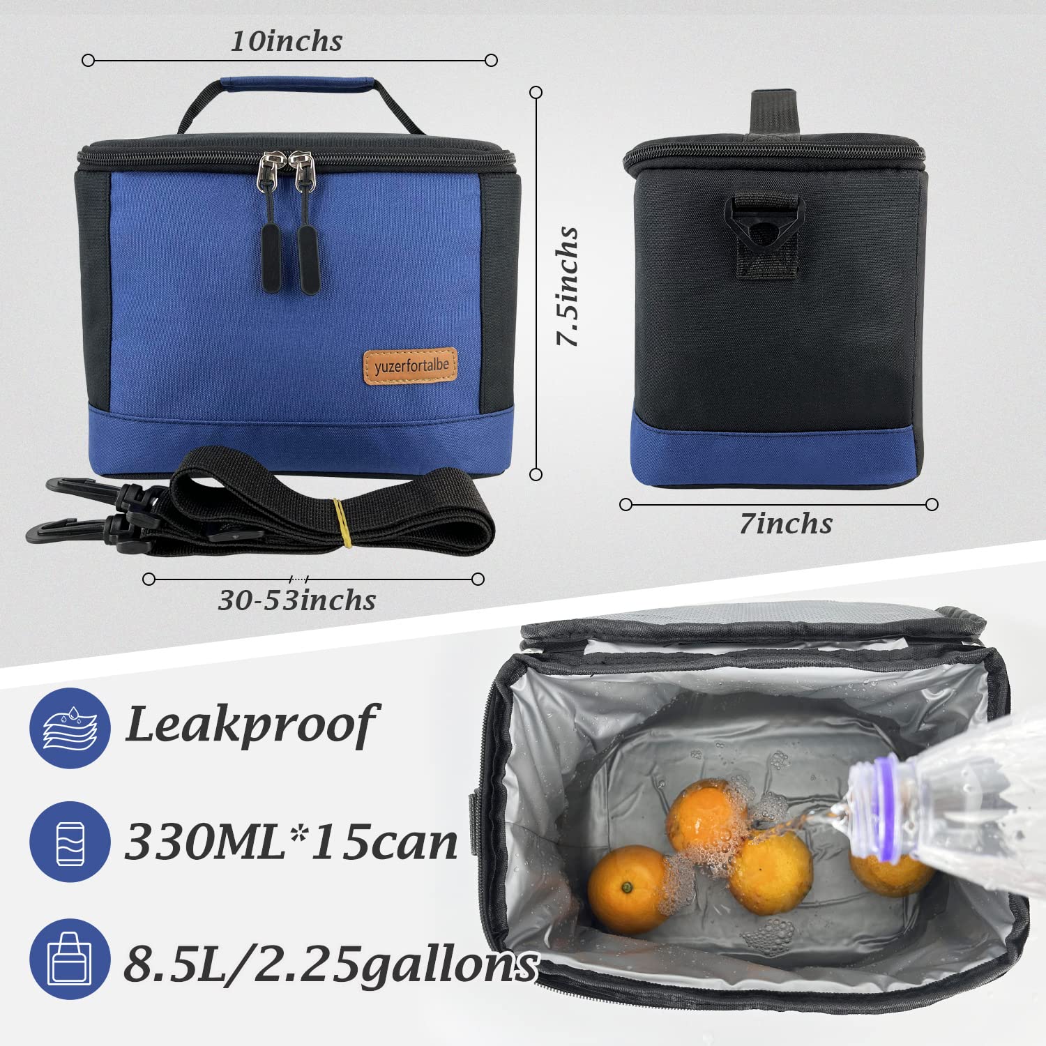 yuzerfortalbe Lunch Bag For Women Adults ,Insulated Lunch Box Leakproof Reusable Lunch Bag With Removable Adjustable Shoulder For Work Picnic School Travel 15 Can (8.5L) Blue