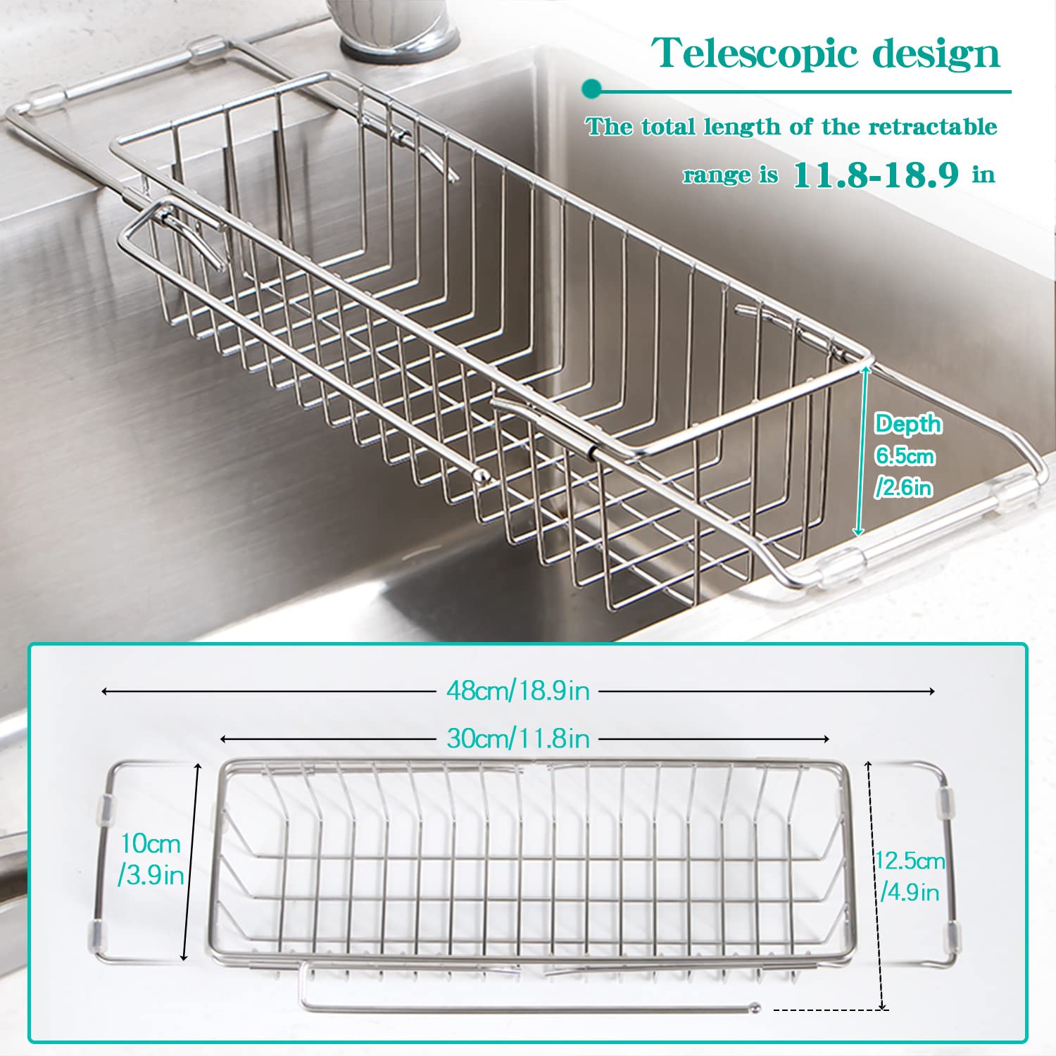 YQh Kitchen Sponge Holder, Sink Caddy,Sink Storage Rack Holder Adjustable,Over Sink Expandable(11.8''-18.9'') Brush Soap Storage Rack,Rust Proof Water Proof, No Drilling- Stainless Steel