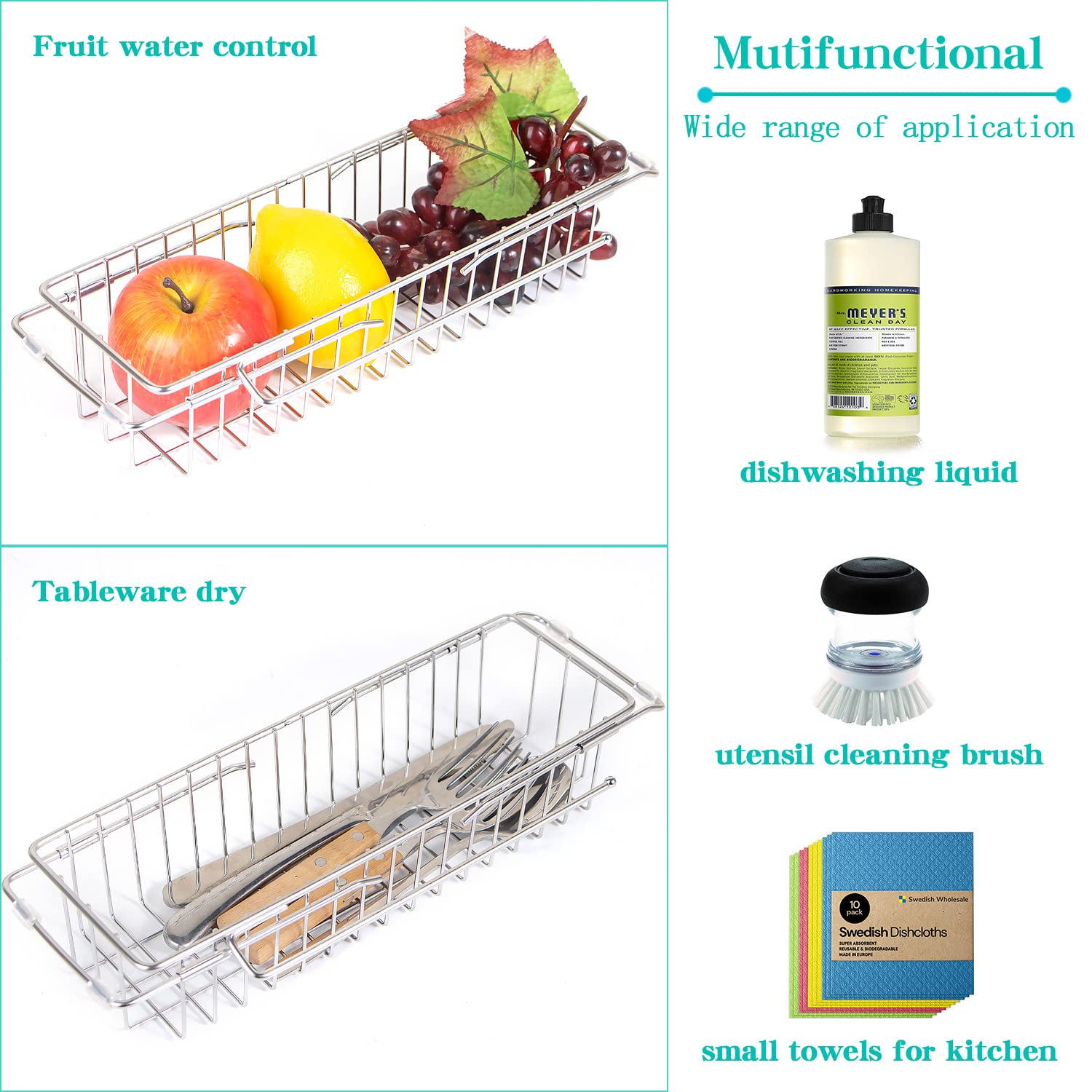 YQh Kitchen Sponge Holder, Sink Caddy,Sink Storage Rack Holder Adjustable,Over Sink Expandable(11.8''-18.9'') Brush Soap Storage Rack,Rust Proof Water Proof, No Drilling- Stainless Steel