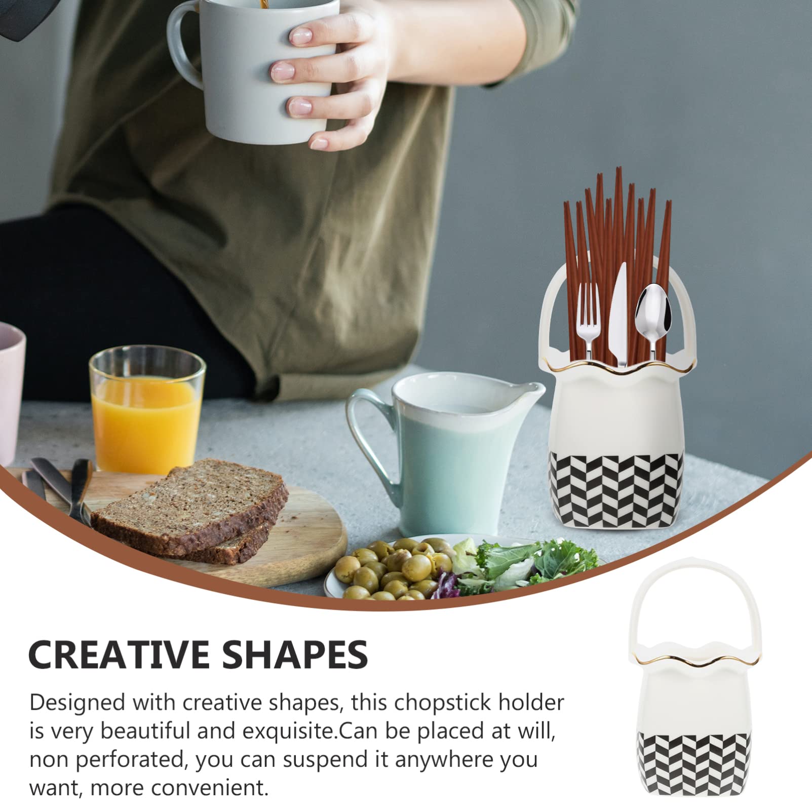 HEMOTON Ceramic Utensil Holder Caddy Organizer: Kitchen Flatware Silverware Tableware Container Holder Chopsticks Storage Basket Cup for Spoon Forks Dining Table Black