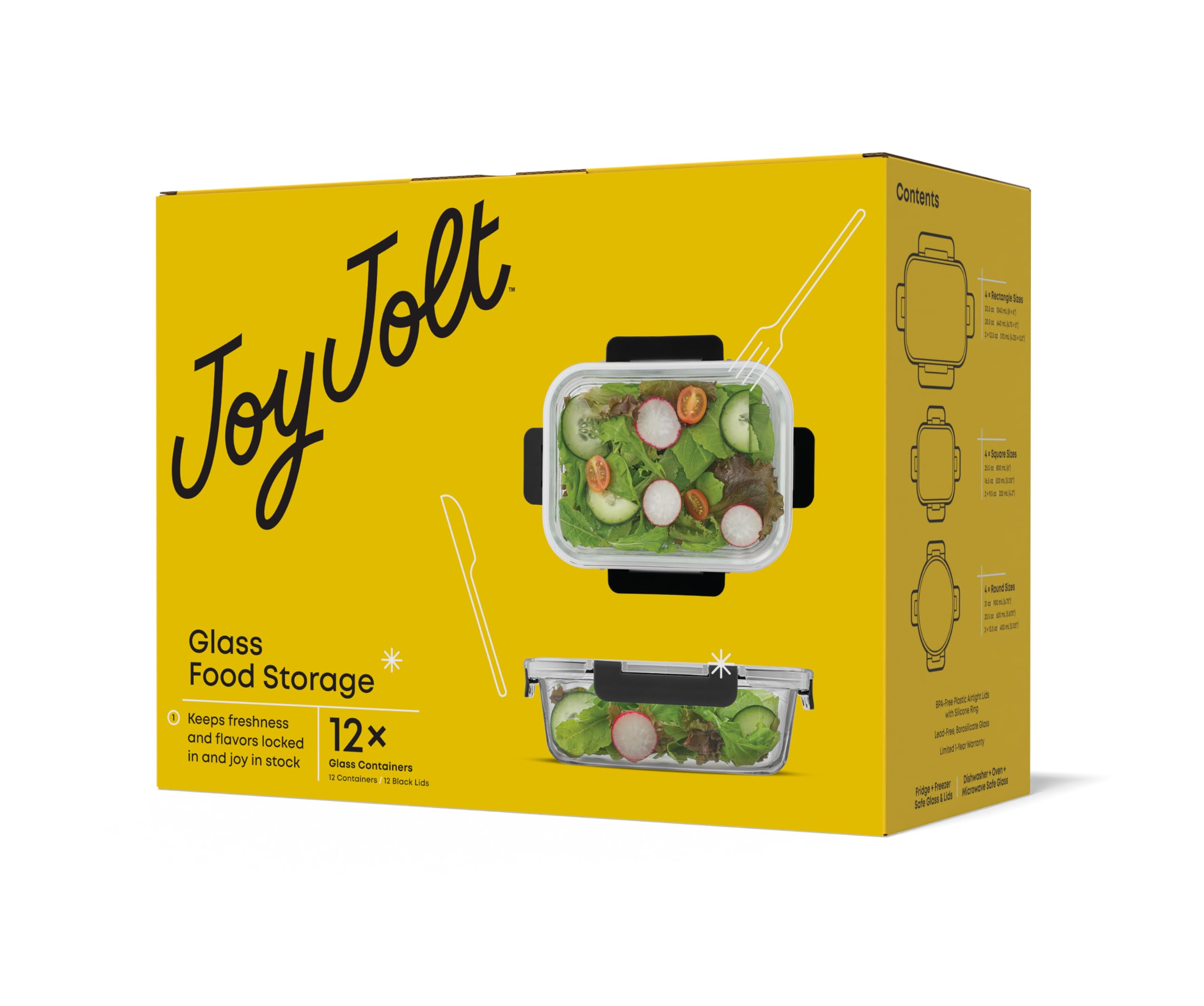 JoyFul by JoyJolt 24pc Borosilicate Glass Storage Containers with Lids. 12 Airtight, Freezer Safe Food Storage Containers, Pantry Kitchen Storage Containers, Glass Meal Prep Container for Lunch