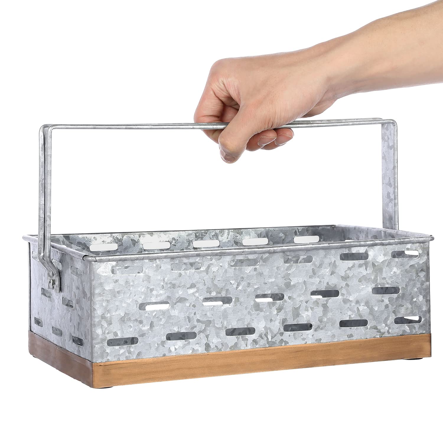 MyGift Silver Galvanized Metal Perforated Condiment Basket Storage Container with Handle and Copper Tone Accent Rim - Handcrafted in India