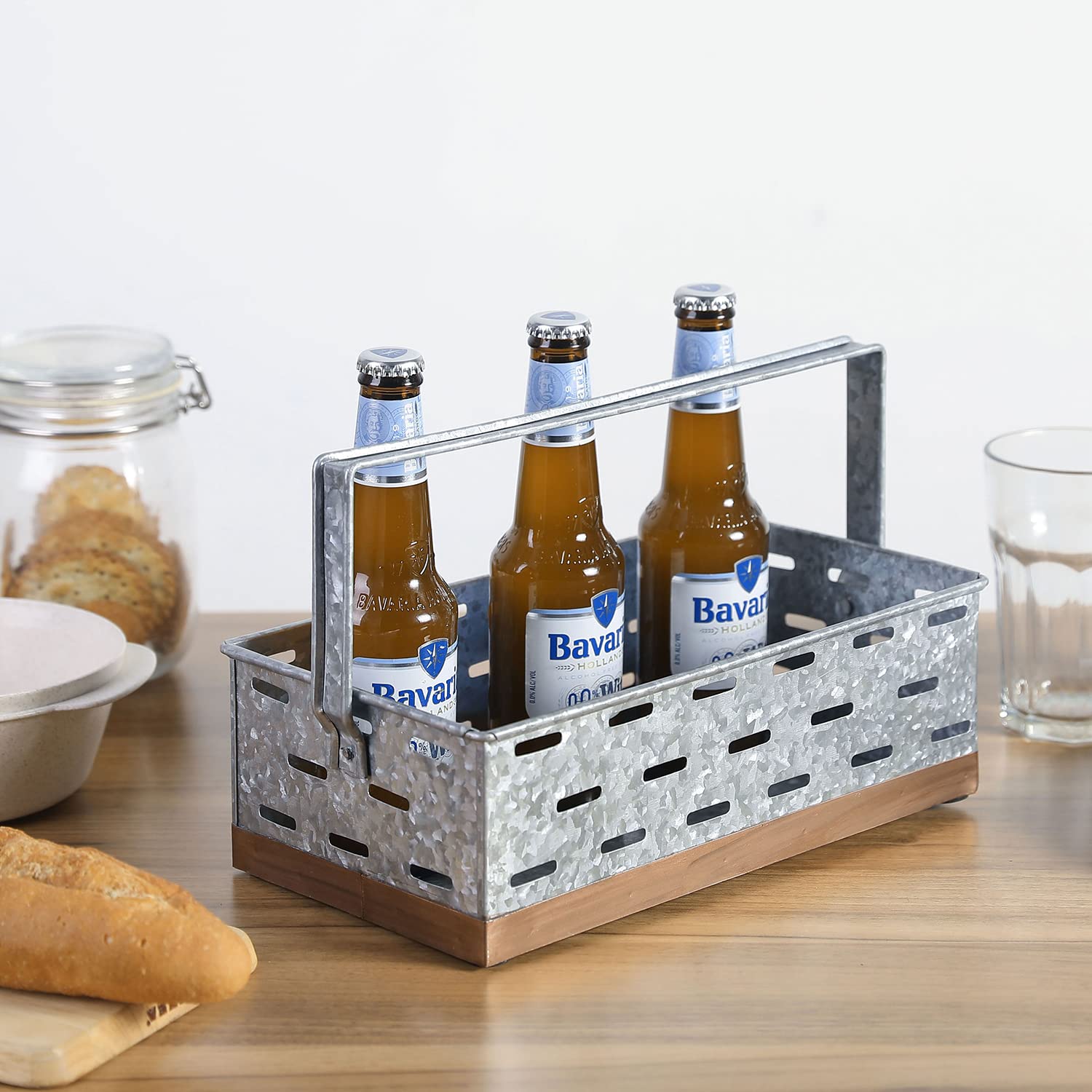 MyGift Silver Galvanized Metal Perforated Condiment Basket Storage Container with Handle and Copper Tone Accent Rim - Handcrafted in India