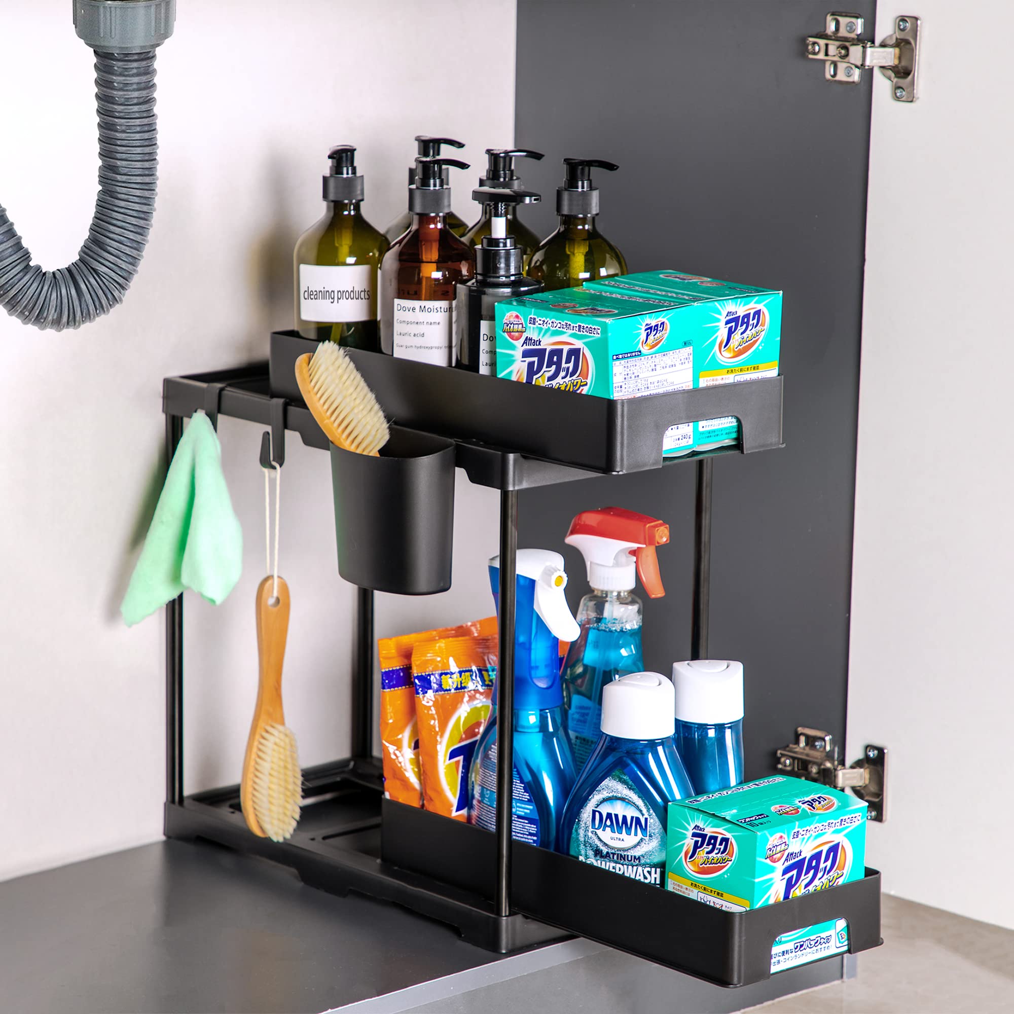 2 Pack Under Sink Organizers and Storage, Under Sink Storage for Bathroom 8 Hooks Bath Collection Baskets, Multi-purpose Storage Shelf (2)