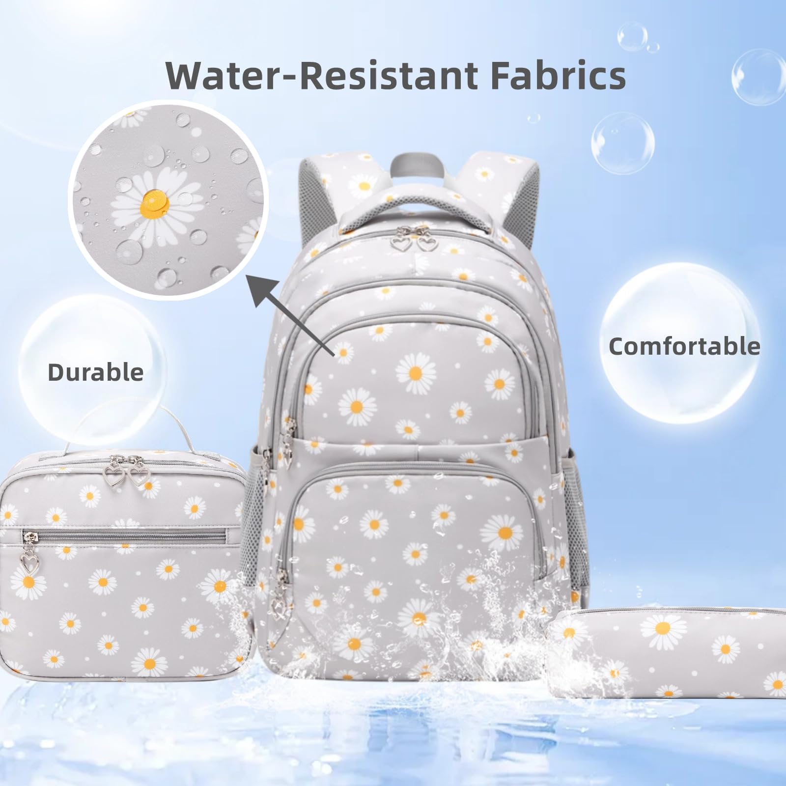 3Pcs Daisy Printed Kids Backpack Girls School Bookbag Set Elementary Students Daypack with Lunch Bag